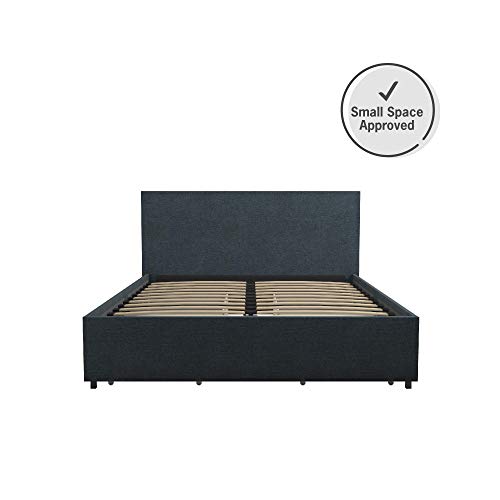 Novogratz Kelly Upholstered Storage Bed Frame, Full, Navy Blue Linen