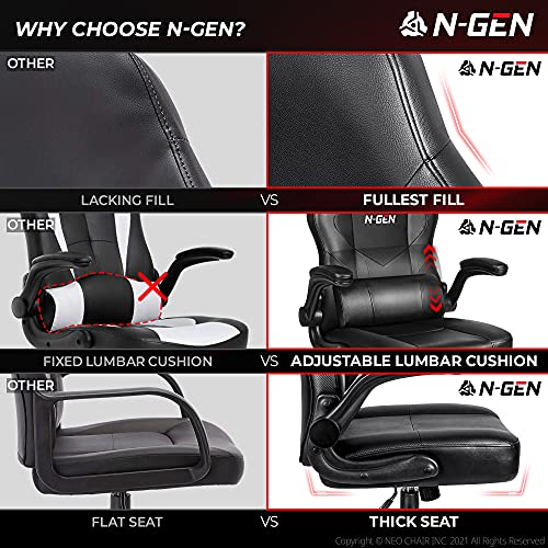 N-GEN Gaming Chair Ergonomic Office PC Desk with Lumbar Support Flip Up Arms Levelled Seat Style Headrest PU Leather Executive High Back Computer for Adults Women Men (4. Black)