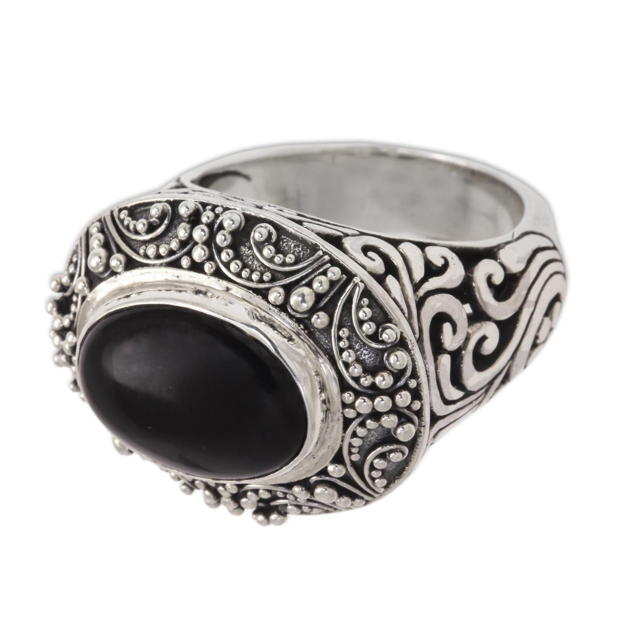 NOVICA Artisan Handmade .925 Sterling Silver Onyx Cocktail Ring Cabochon from Bali Black Single Stone Indonesia Birthstone 'Midnight Intrigue'