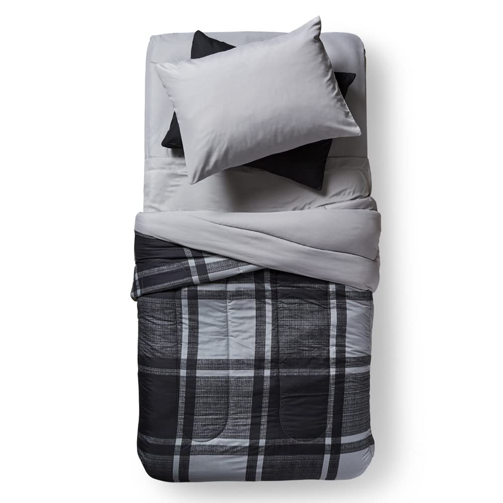 OCM College Dorm Room 23-Piece Preferred Dorm Essentials Value Pack | Twin XL | Comforter, Sheets, Pad, Topper, Towels, Organization, Storage | Wonderland Gray | Oversized Plaid in Black & Gray