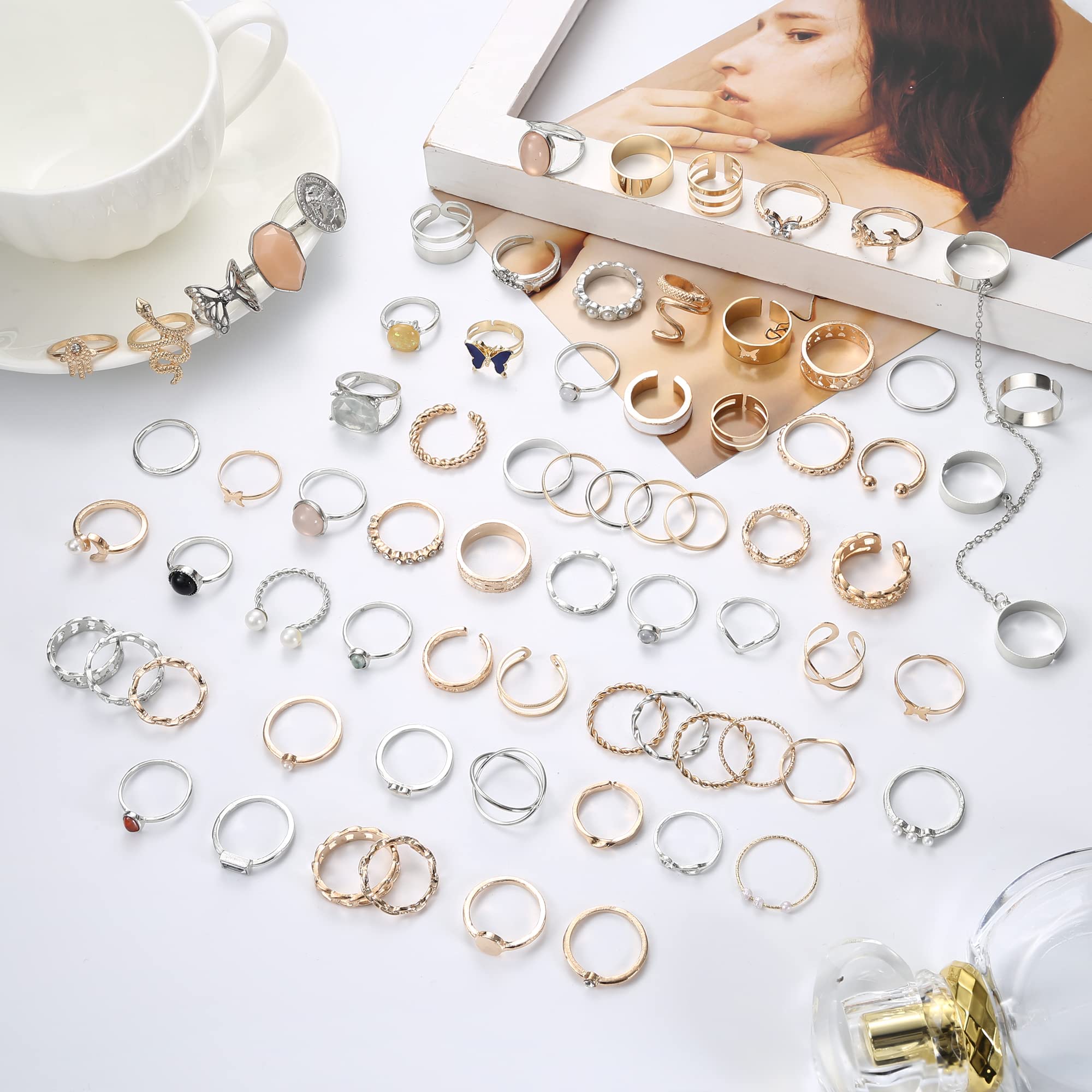 Sanfenly Gold Silver Knuckle Rings for Women Stackable Mid Finger Joint Ring Set Butterfly Snake Crystal Nail Ring Boho Vintage Stacking Ring Pack