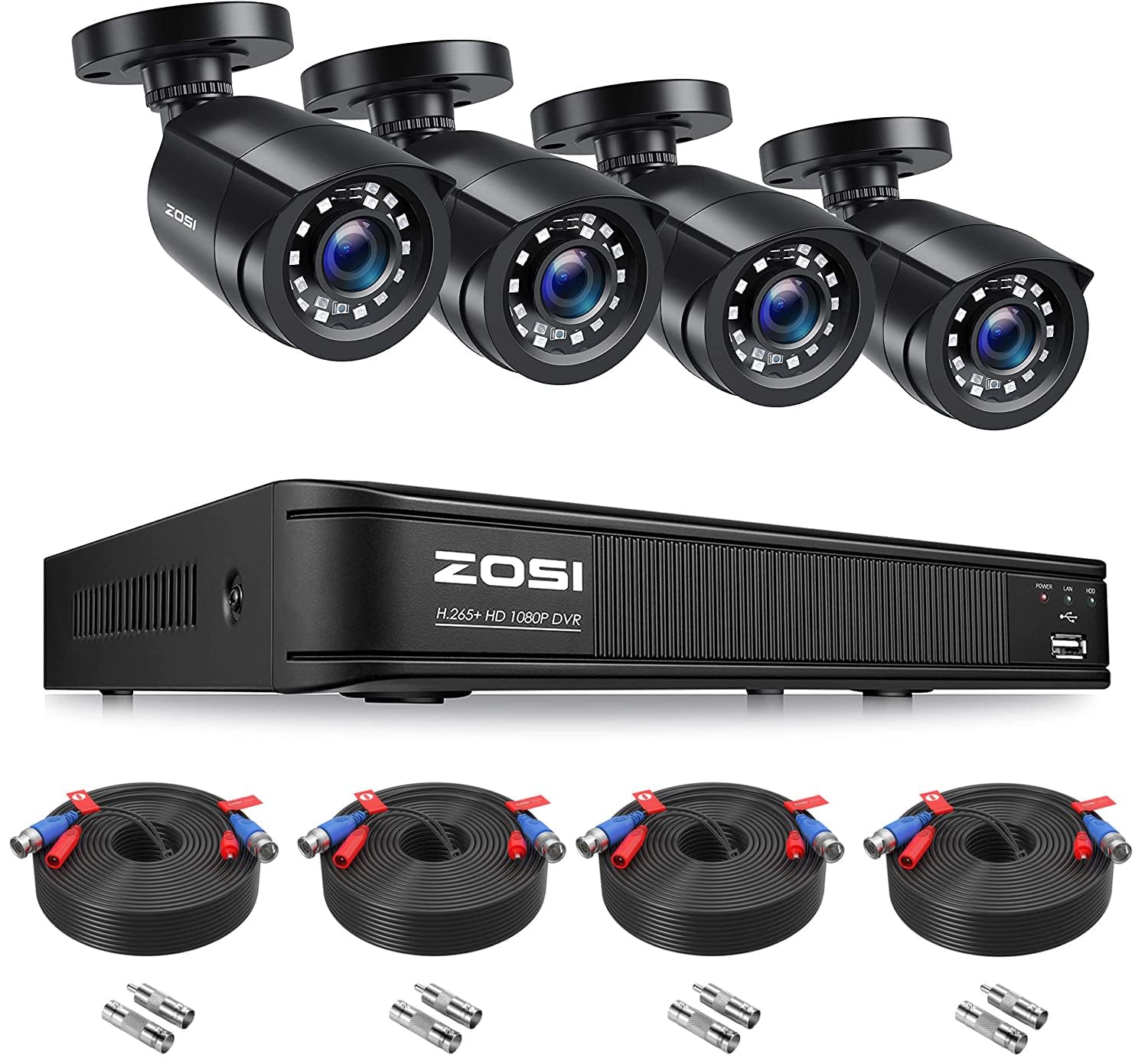 ZOSI H.265+1080p Home Security Camera System,8 Channel 5MP-Lite CCTV DVR with 4 x 1920TVL Weatherproof Surveillance Bullet Camera Outdoor/Indoor with 80ft Night Vision,Remote Control, Motion Alerts