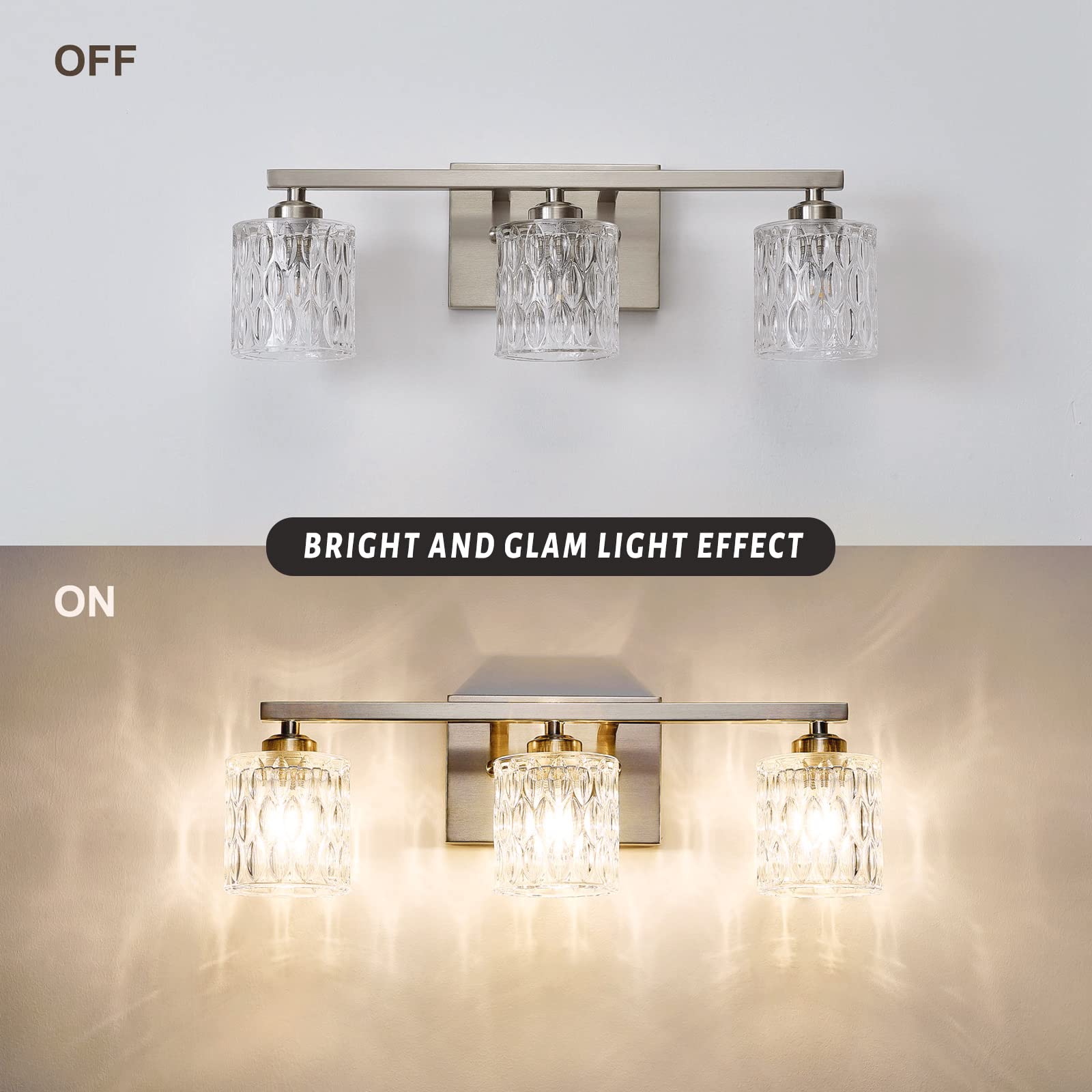 SANTOSTOCK 2 Light Bathroom Light Fixtures, Crystal Glass Vanity Lights Over Mirror, Modern Bath Wall Mounted Lights, Brushed Nickel Wall Light Fixtures(Bulb Excluded)