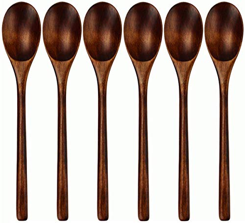 Wooden Spoons, Wood Spoons for Eating, 6 Pieces Japanese Natural Plant Ellipse Wooden Ladle Spoon Set for Cooking Mixing Stirring Honey Tea Soda Dessert Coconut Bowl Nonstick Pots Kitchen,FDA Approved