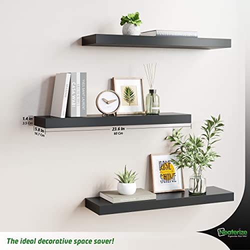 NEATERIZE Floating Shelves Set of 3 | Durable Wall Shelves with Invisible Bracket | Great Shelf for Bathroom, Bedrooms, Kitchen, Office and Living Room Décor. (Black - Small)