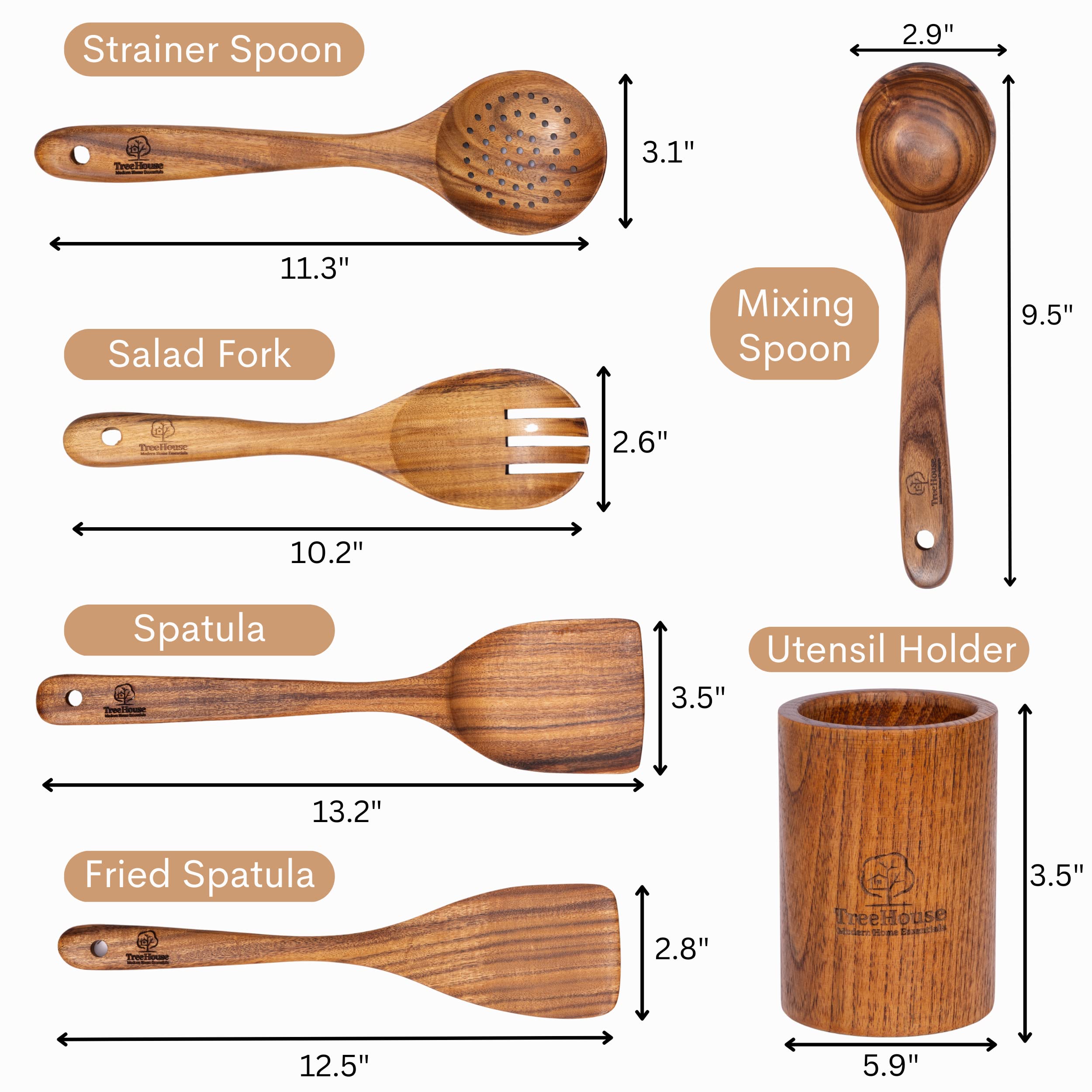 Natural Teak Wood Kitchen Gadgets use for Cooking Utensils Set, 6-Piece Wooden Spoons and Spatula with Holder, Nonstick and Healthy Kitchen Cookware for Comfortable Cooking Experience.