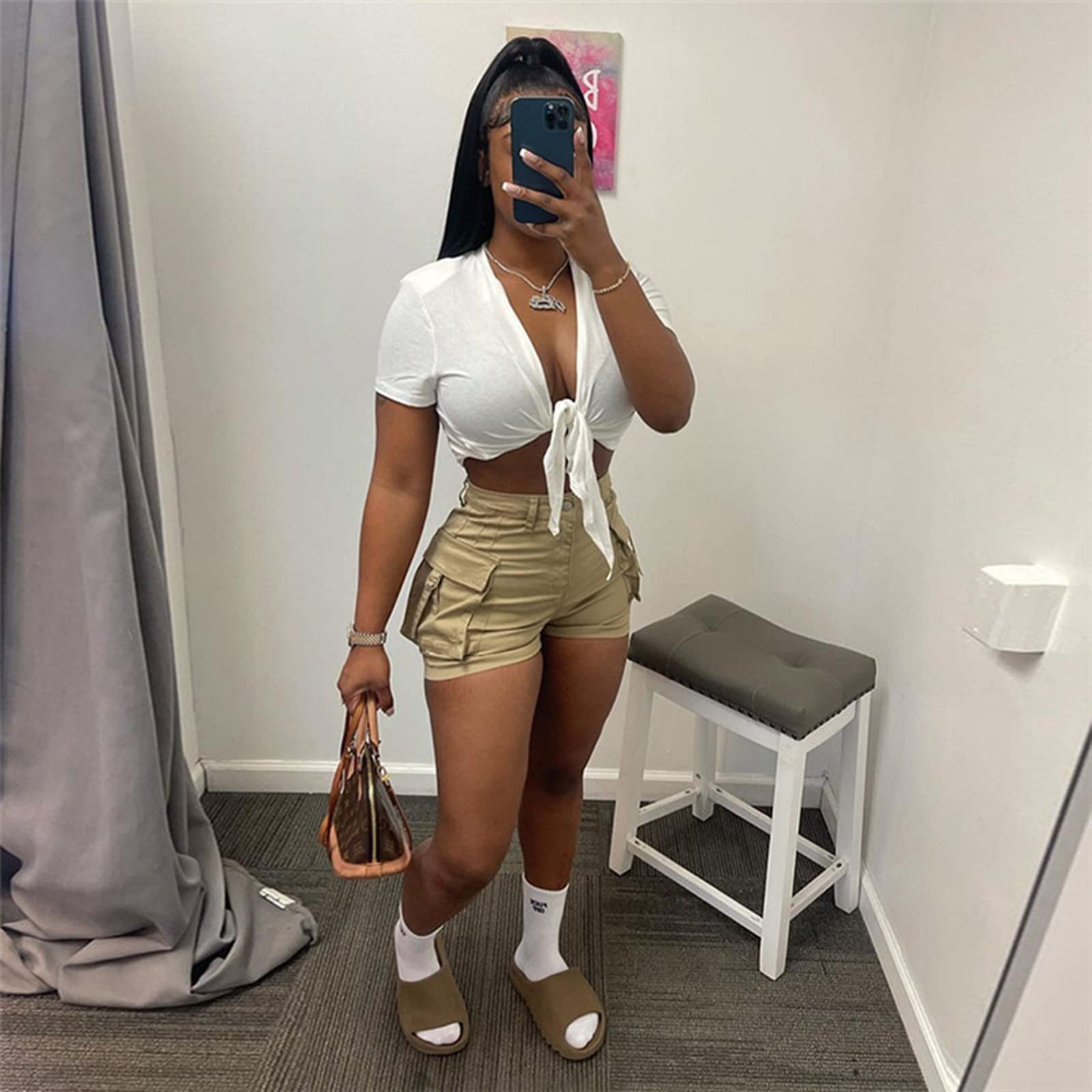 VWIWV Women's High Waisted Shorts with Side Pockets Casual Stretch Short Pants Khaki