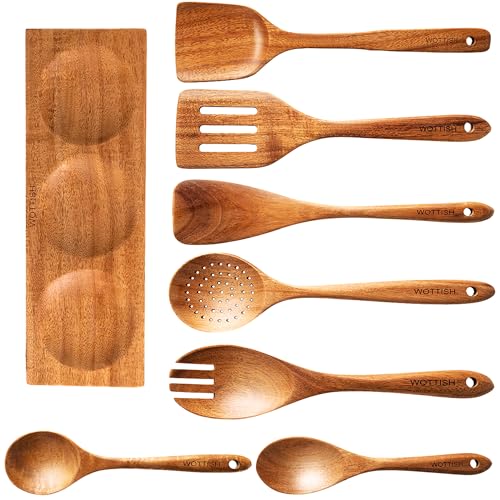 Natural Wood Kitchen Utensil Set - Spoons, Spatulas, Ladles, Strainer Spoon, Salad Fork, Mixing Spoon - with Spoon Rest (A07)