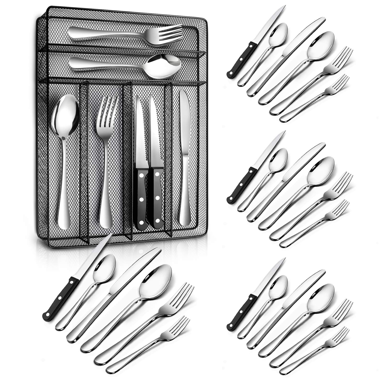 Teivio 36 Piece Silverware Set, Flatware Utensils Set Mirror Polished, Dishwasher Safe Service for 6, Include Knife/Fork/Spoon/Steak Knife/Wire Mesh Steel Cutlery Holder Storage Trays (Silver)