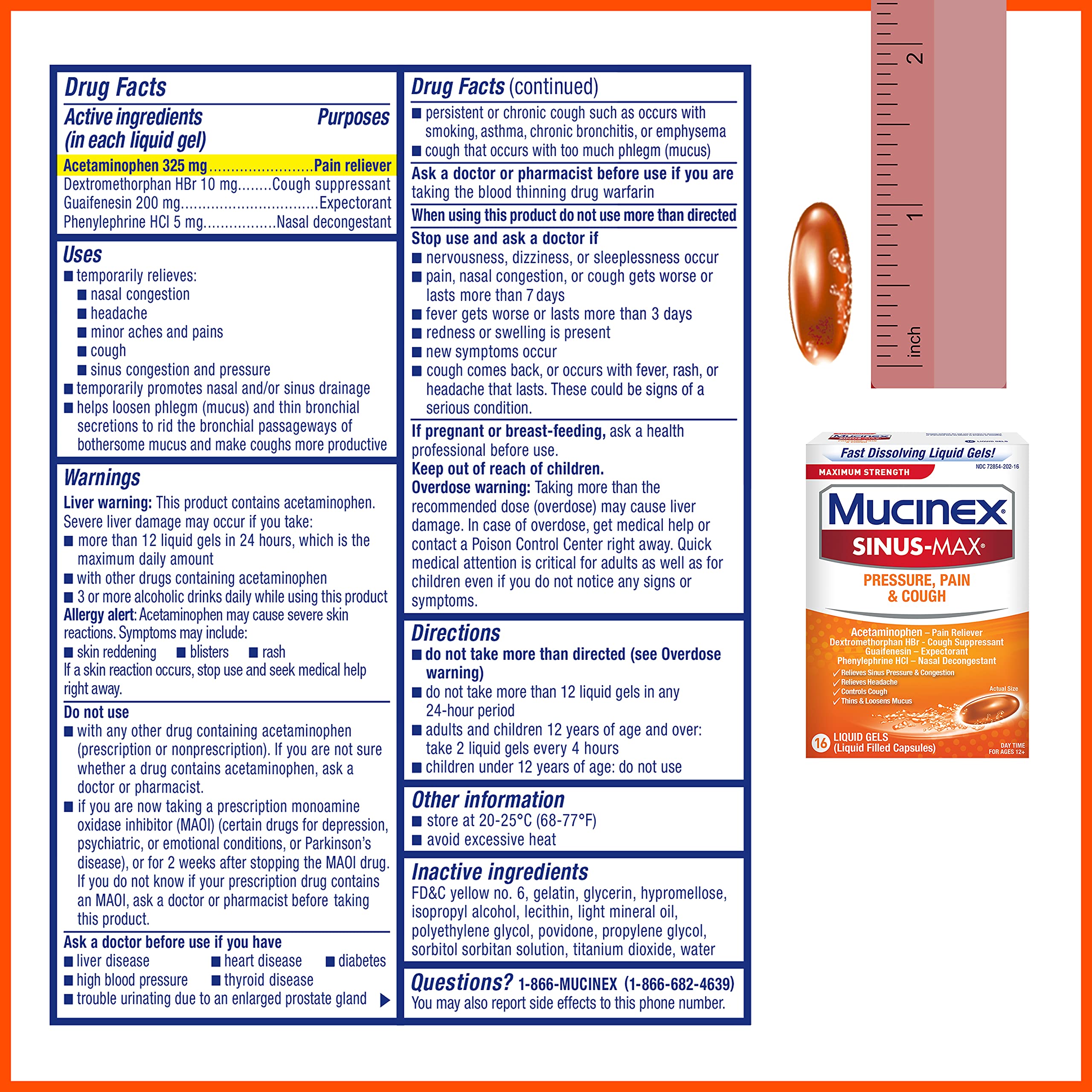 Mucinex Sinus-Max Max Strength Pressure, Pain & Cough Liquid Gels 16 ea ( Pack of 2)
