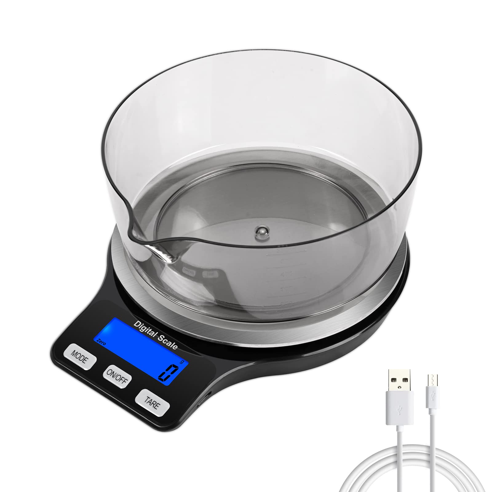 NEXT-SHINE Kitchen Food Scale with Bowl, 5kg 11lb USB Rechargeable Small Size Digital Grams and Ounces 0.1g Precise Graduation and LCD Back-lit Display for Cooking Dieting Baking Weight Loss