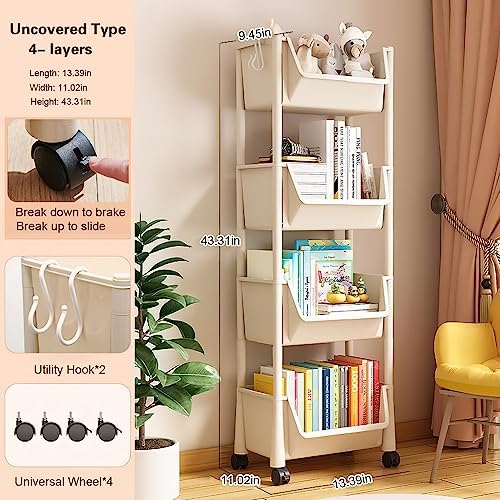 Miyxsin 4-Tier Detachable Plastic Storage Rack,Movable storage cart with Wheels,Multi-Functional Rolling Utility Car Storage Rack,Simple display bookshelf suitable for living room(without Cover)