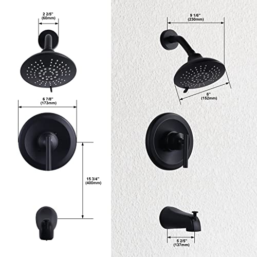 WOWOW Matte Black Shower Faucet Set with Tub Spout and 6-Inch Rain Shower Head, Brass Shower System Single Handle Tub and Shower Trim Kit (Valve Included)