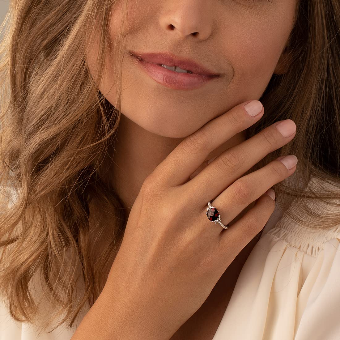 PEORA Garnet Ring for Women in 14K White Gold with White Topaz, Genuine Gemstone Birthstone, Designer 2.50 Carats Cushion Cut 8mm, Size 6