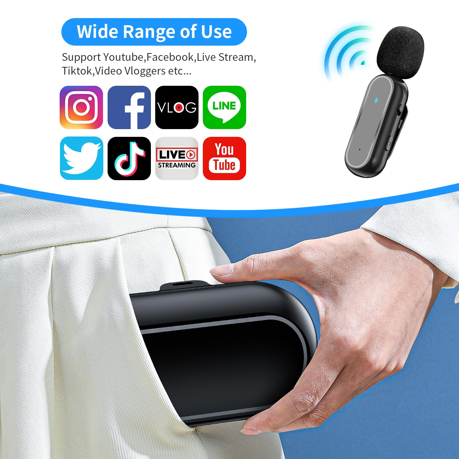 TYUOBOX Mic (2 TX + 1 RX + Charging Case), Wireless Lavalier Microphone, Noise Cancellation, Wireless Microphone for iPhone, ipad, Record Interview, Vlogs-70 ft Transmission,12H Battery Life