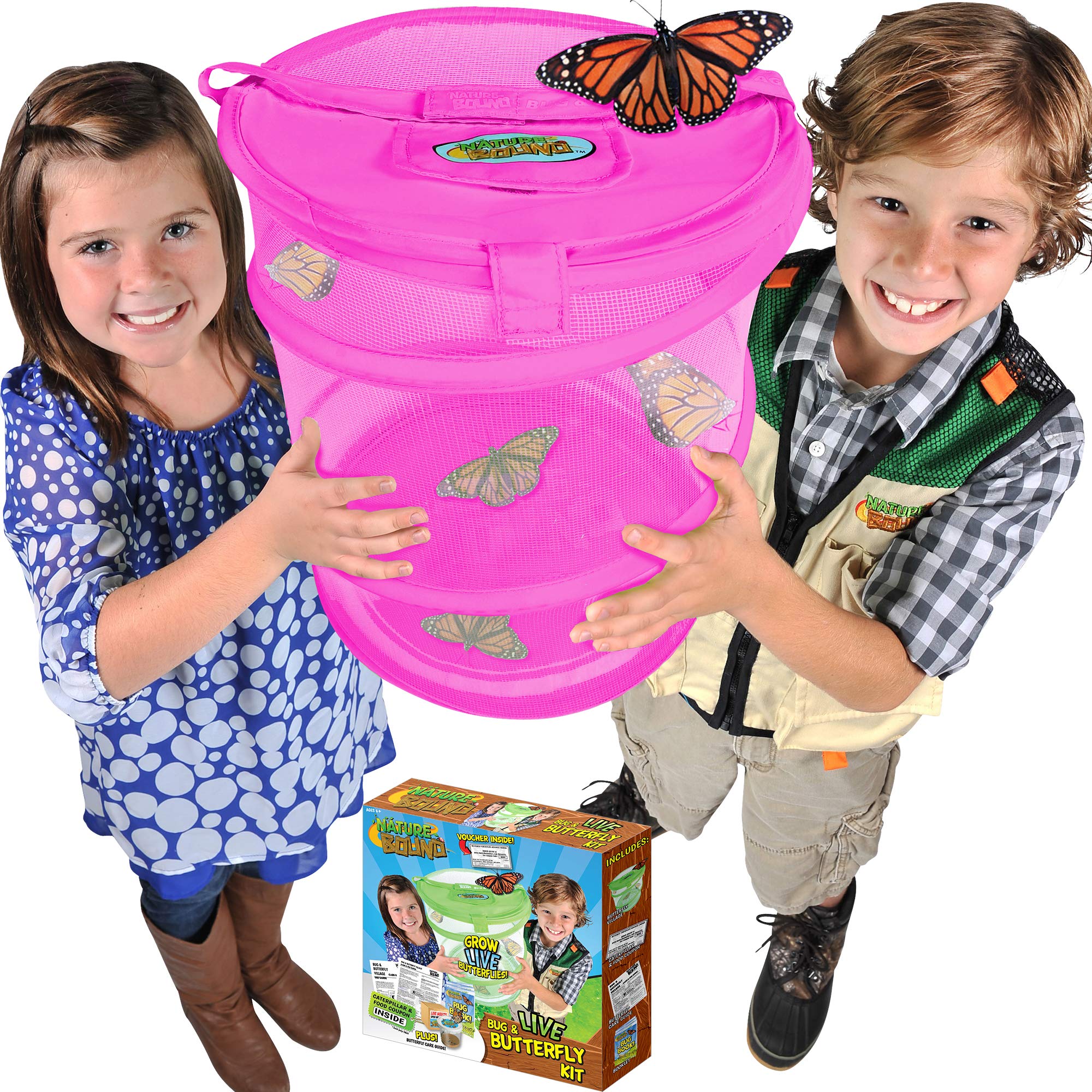 Nature Bound Butterfly Growing Habitat Kit - with Voucher to Redeem Live Caterpillars for Home or School Use - Pink Pop-Up Cage 12-Inches Tall