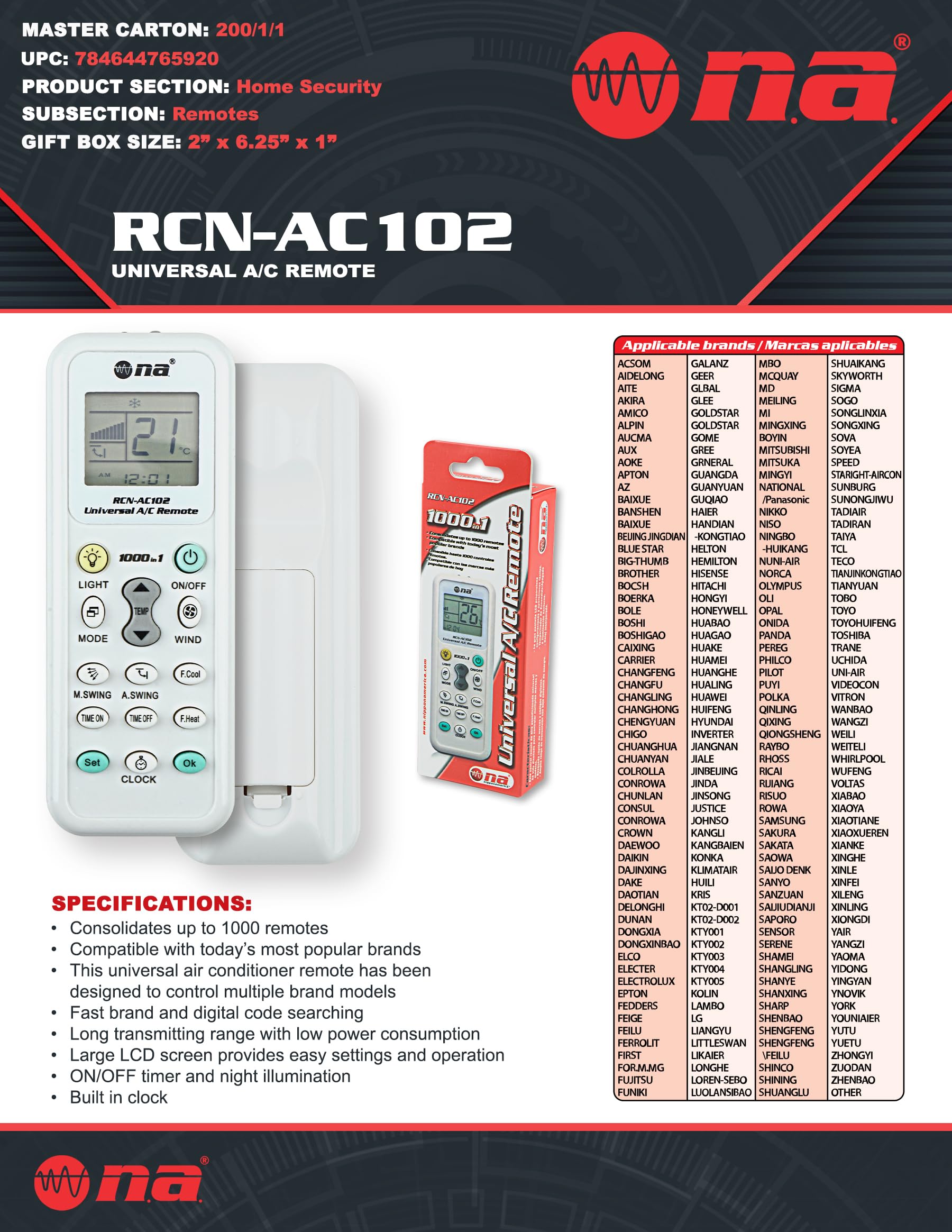 Nippon America Universal Air Conditioner Remote Control Compatible for Daikin, Hitachi, Carrier, Panasonic, LG, Sharp, Haier, Midea, Whirlpool, Bosch, Olympus, Toshiba, Samsung and 1000 More Brands
