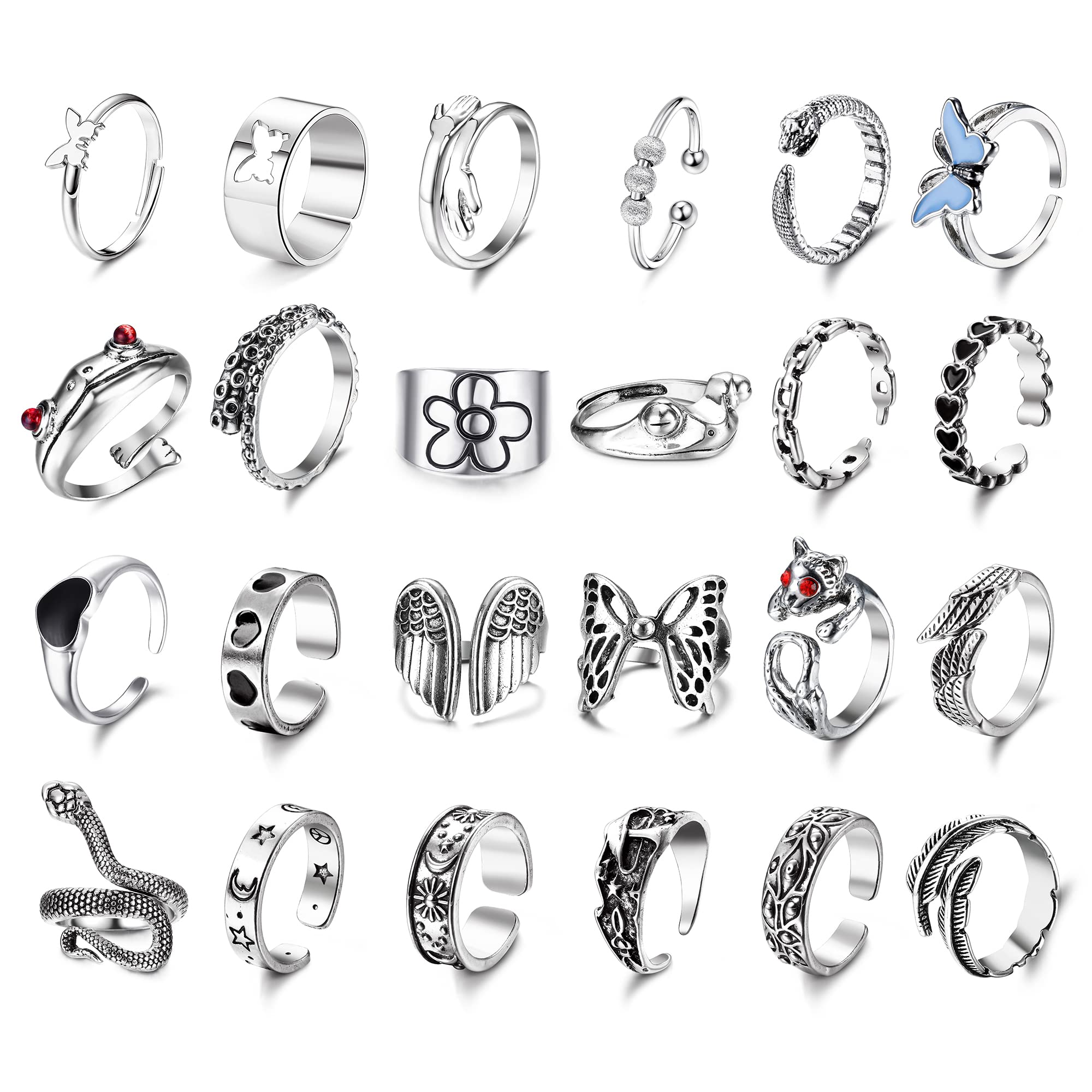 RnBLM JEWELRY 24Pcs Goth Vintage Open Rings for Women Men Adjustable Punk Vintage Snake Frog Butterfly Gothic Stackable Ring Set
