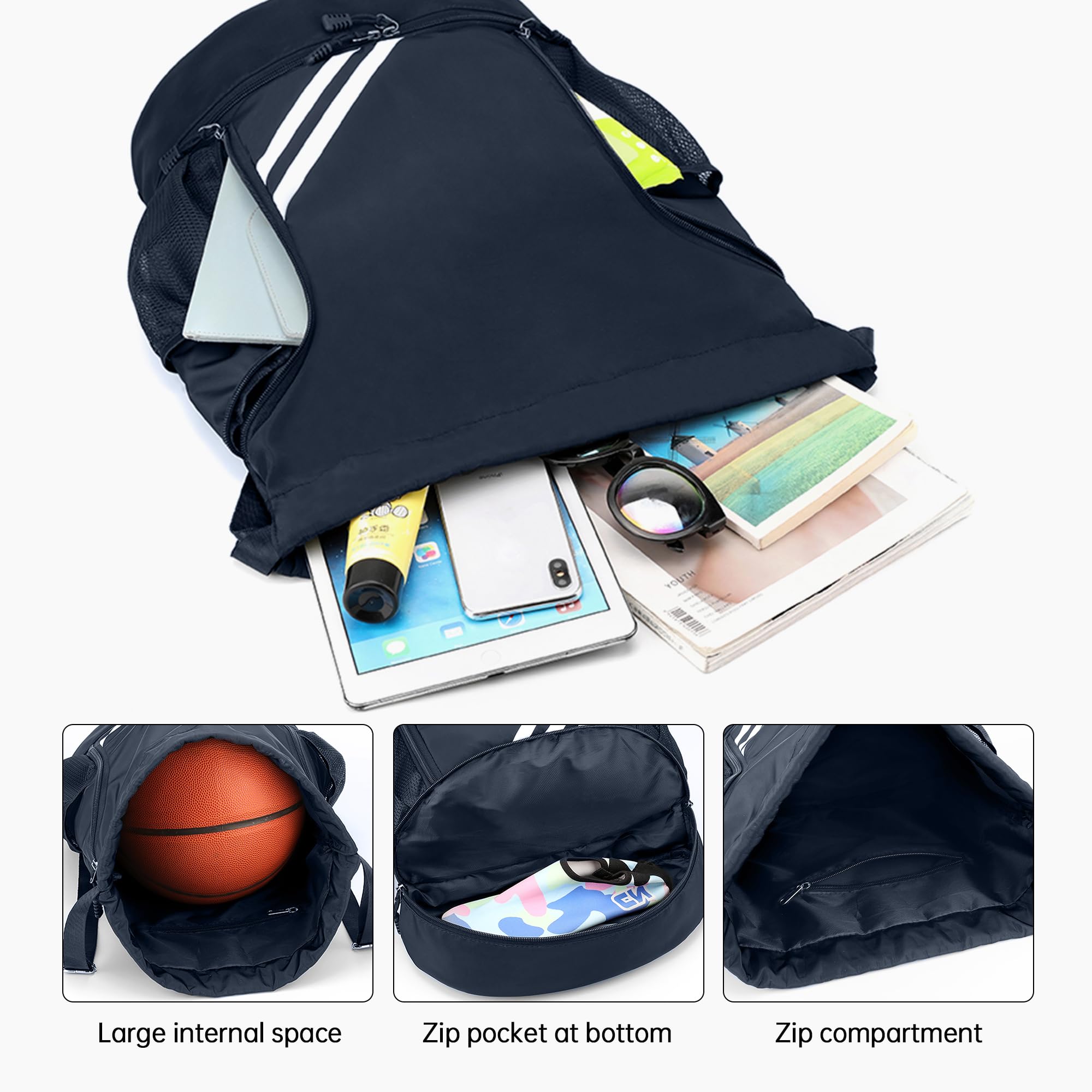 neyrat Water Resistant Sport Drawstring Backpack Gym Draw String Back Bag with Shoes Compartment for Men Women Children (Navy Blue)