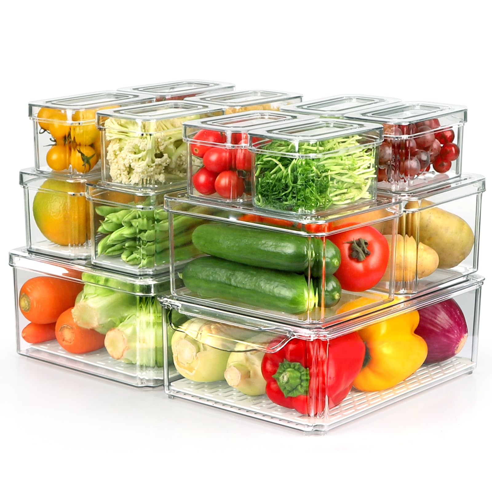 RIKOJUXI Set Of 14 Fridge Organizer, BPA Free Stackable Refrigerator Organizer Bins with Lids, Fridge Organizers and Storage Clear Refrigerator Storage Containers for Fruits, Vegetable, Food, Drinks