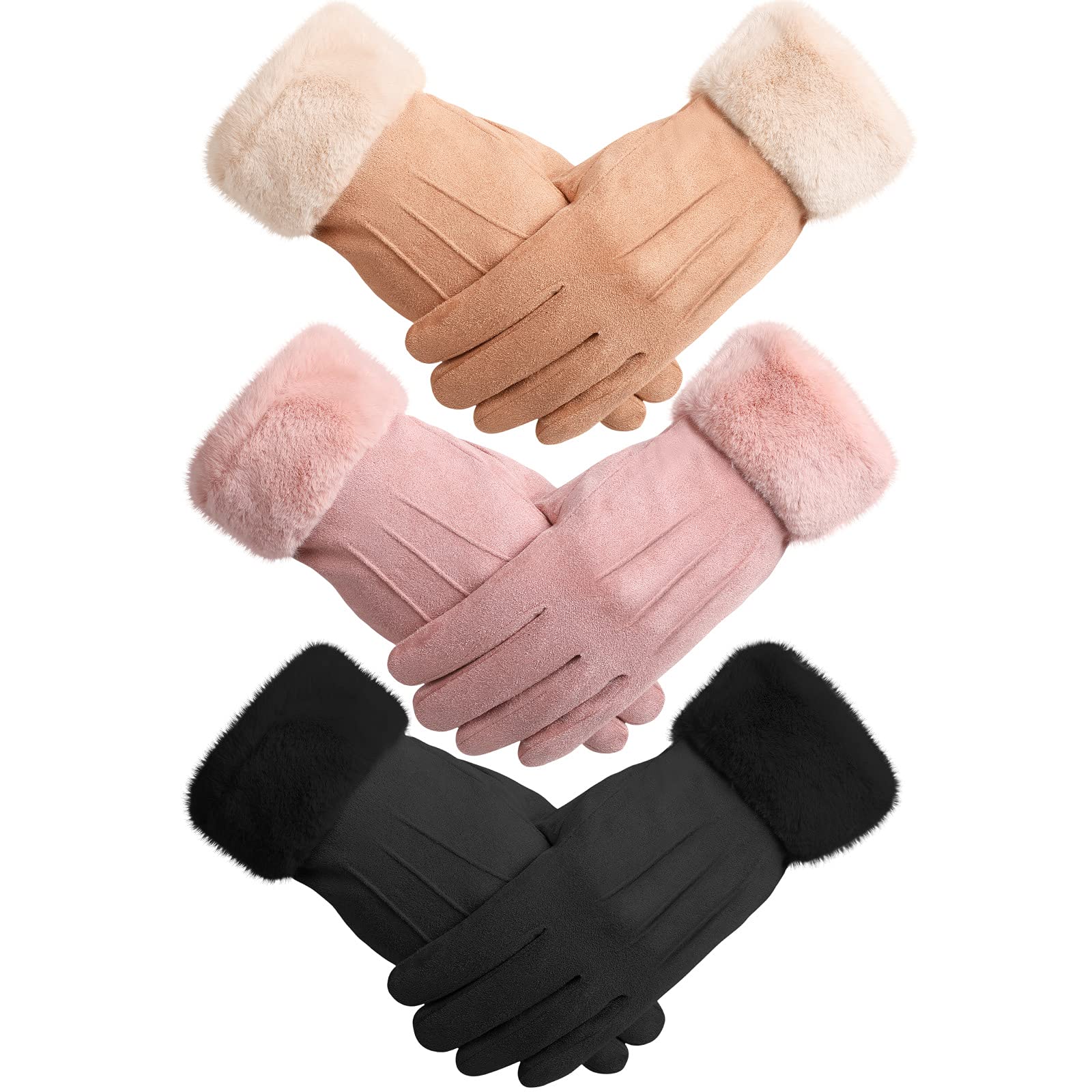 SATINIOR 3 Pairs Winter Warm Touchscreen Gloves Women's Fleece Lining Texting Gloves Fuzzy Soft Winter Gloves for Skiing(Black, Khaki, Pink)