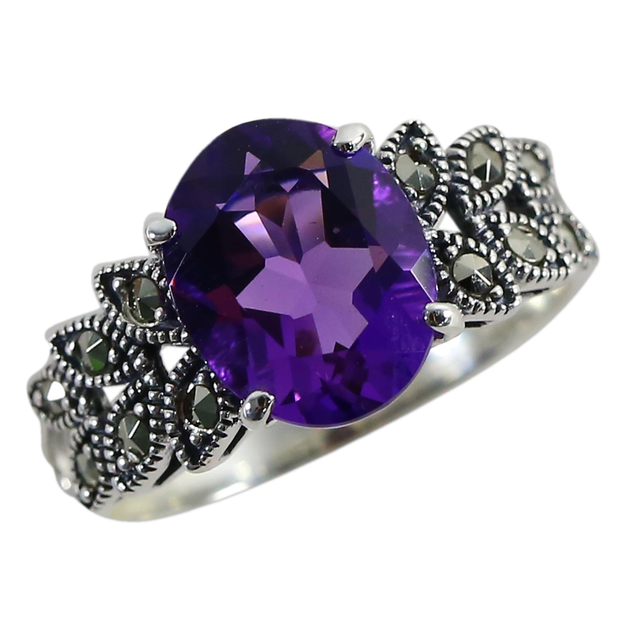 NOVICA Artisan Handmade .925 Sterling Silver Amethyst Marcasite Cocktail Ring from Thailand Birthstone 'Purple Queen'