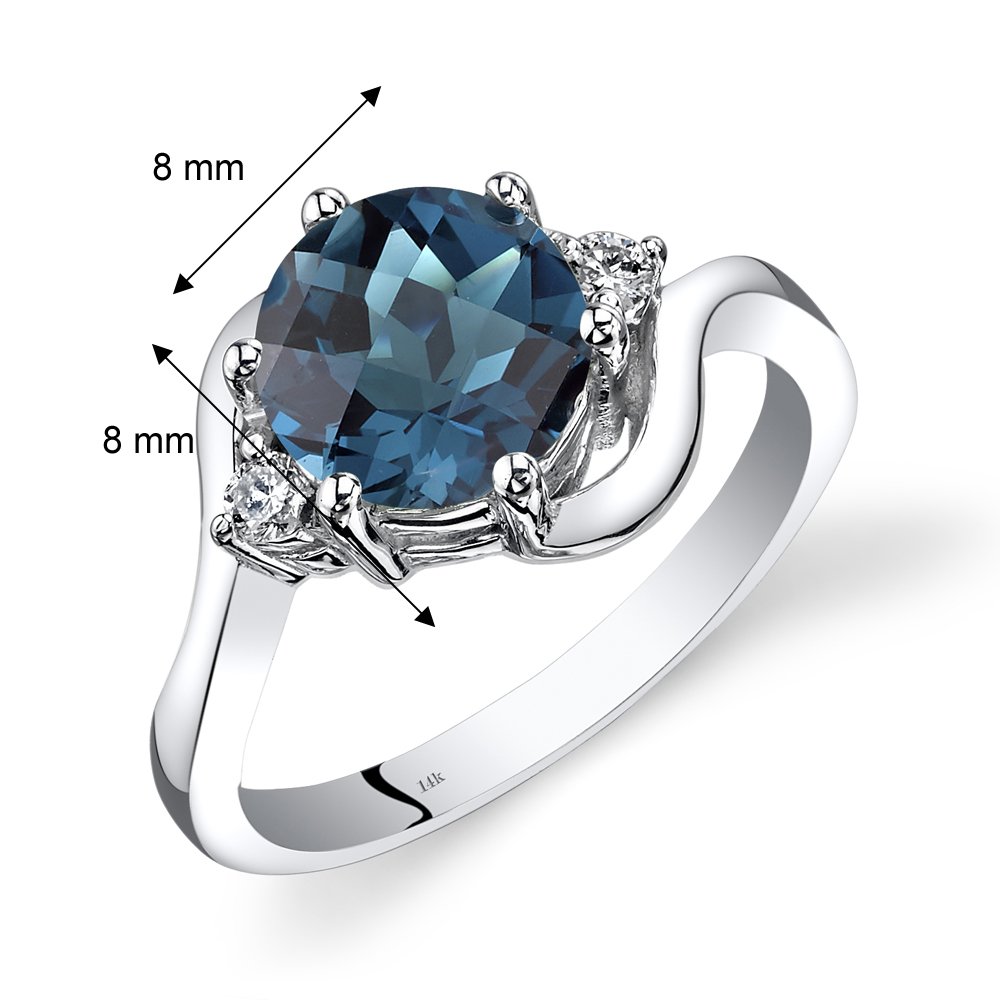 PEORA London Blue Topaz and Diamond 3-Stone Ring for Women 14K White Gold, Genuine Gemstone Birthstone, 2.25 Carats Round Shape 8mm, Size 7