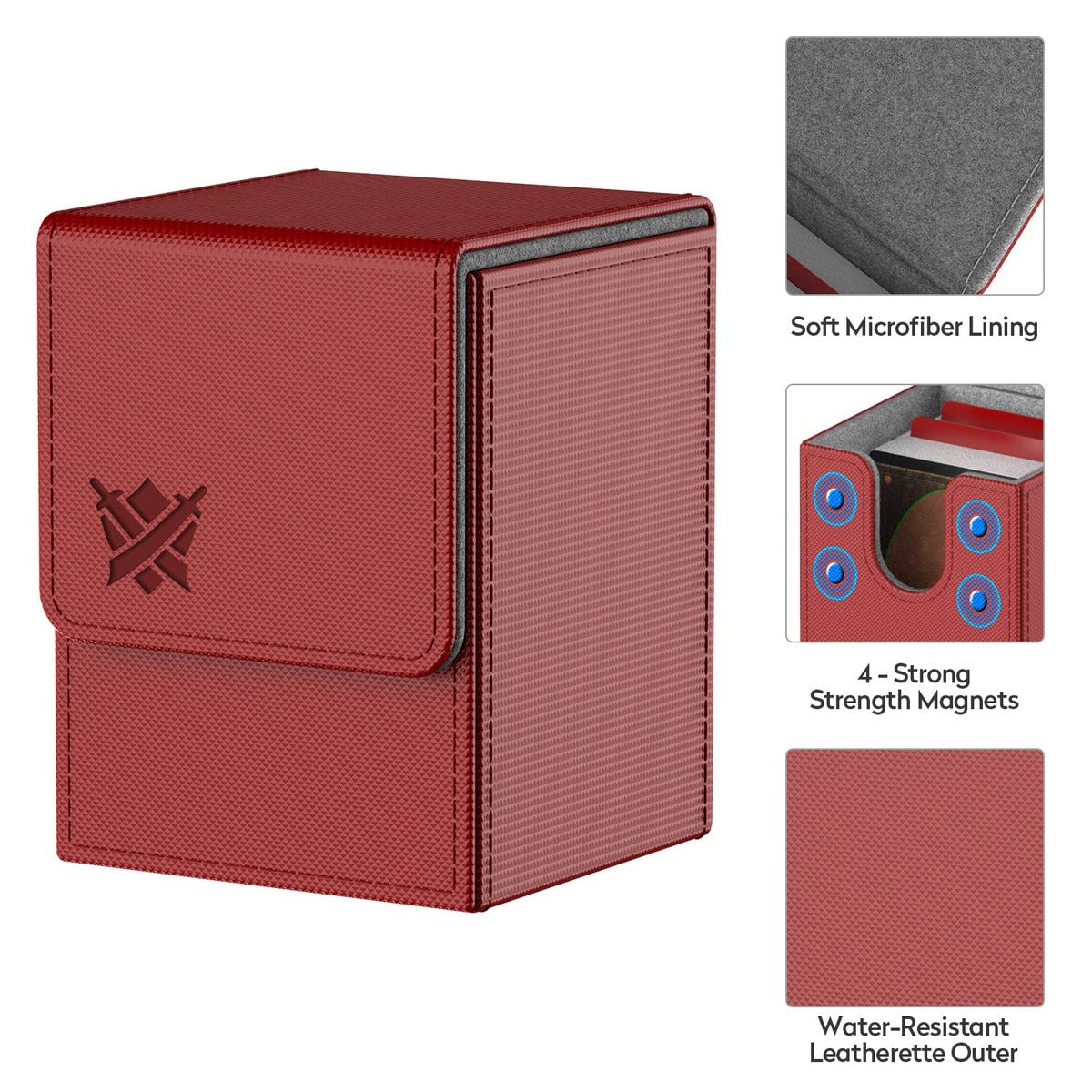 ULTRGEE Deck Box for MTG Cards, Magnet Card Box with 2 Dividers per Holder, Large Trading Card Case Fit for up to 110 Cards-[Shield Design] (Red)