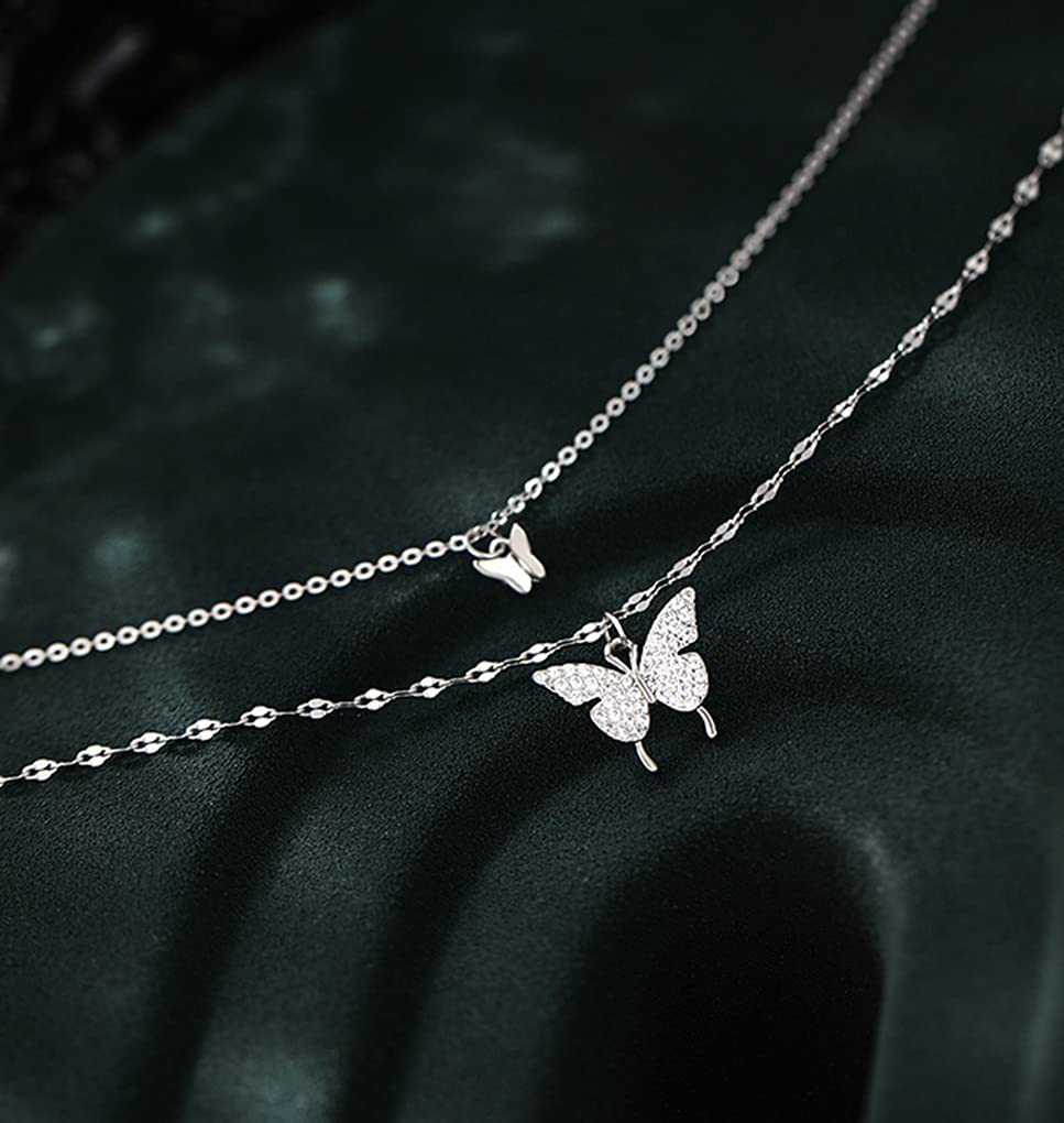 SLUYNZ 925 Sterling Silver CZ Butterfly Choker Necklace for Women Butterfly Layered Necklace Chain (A-Silver)