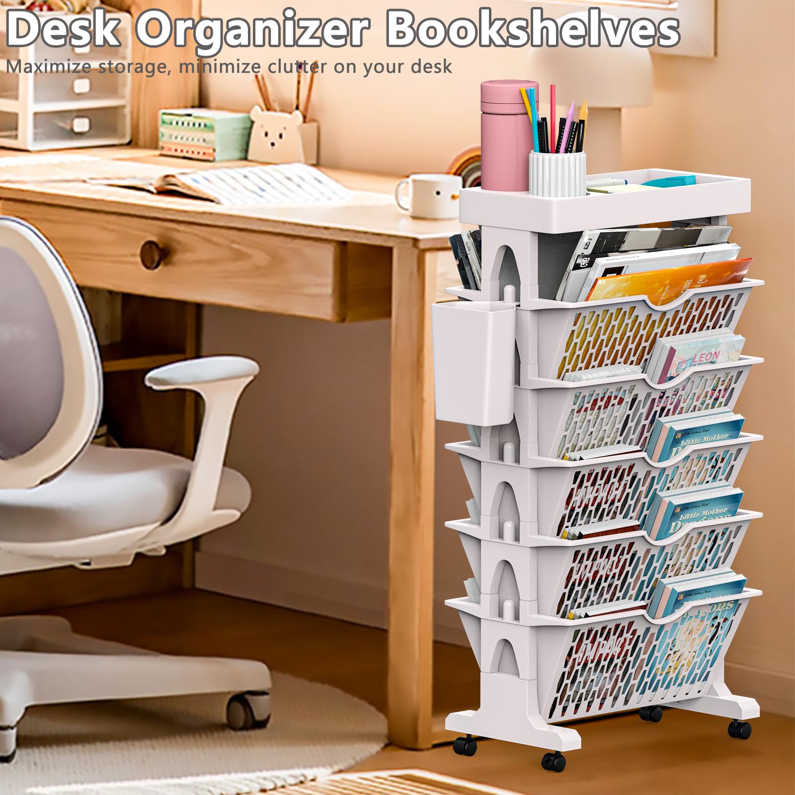 NIRIAHO 6 Tier Mobile Bookshelf, Rolling Cart Multi-Functional Movable Storage Book Shelves, Utility Cart Office Organizer White Bookshelves with Lockable Casters for Office, Dorm, Classroom