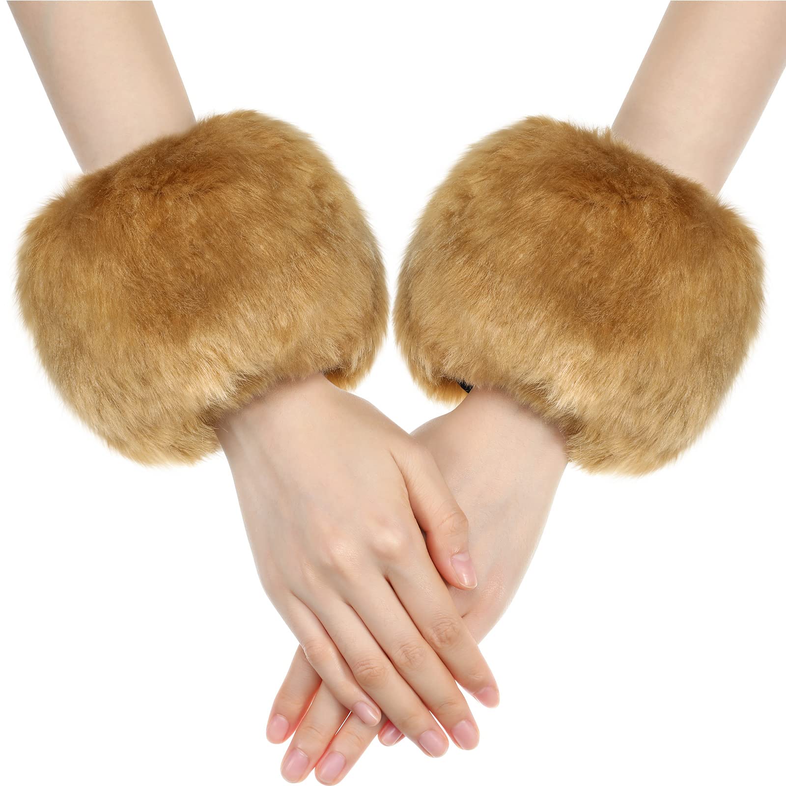 SATINIOR Faux Fur Short Wrist Cuff Winter Wrist Cuff Warmers Fuzzy Wrist Cuff for Women Girls Favors (Brown)