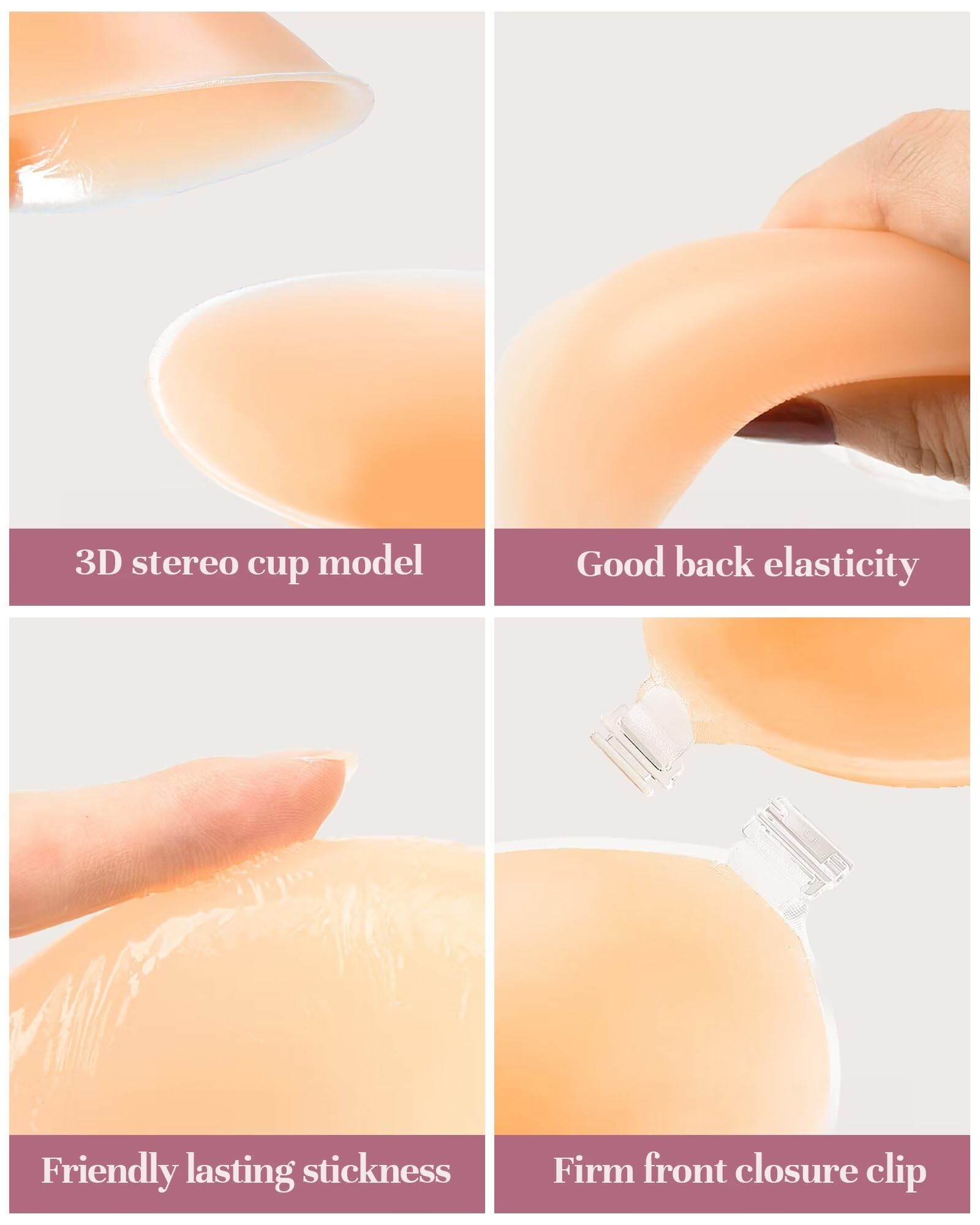 PHODIL Sticky Strapless Bra, Invisible Push Up Adhesive Bra,Backless Silicone Bras Washable for Women with Nipple Covers(Creme/D)