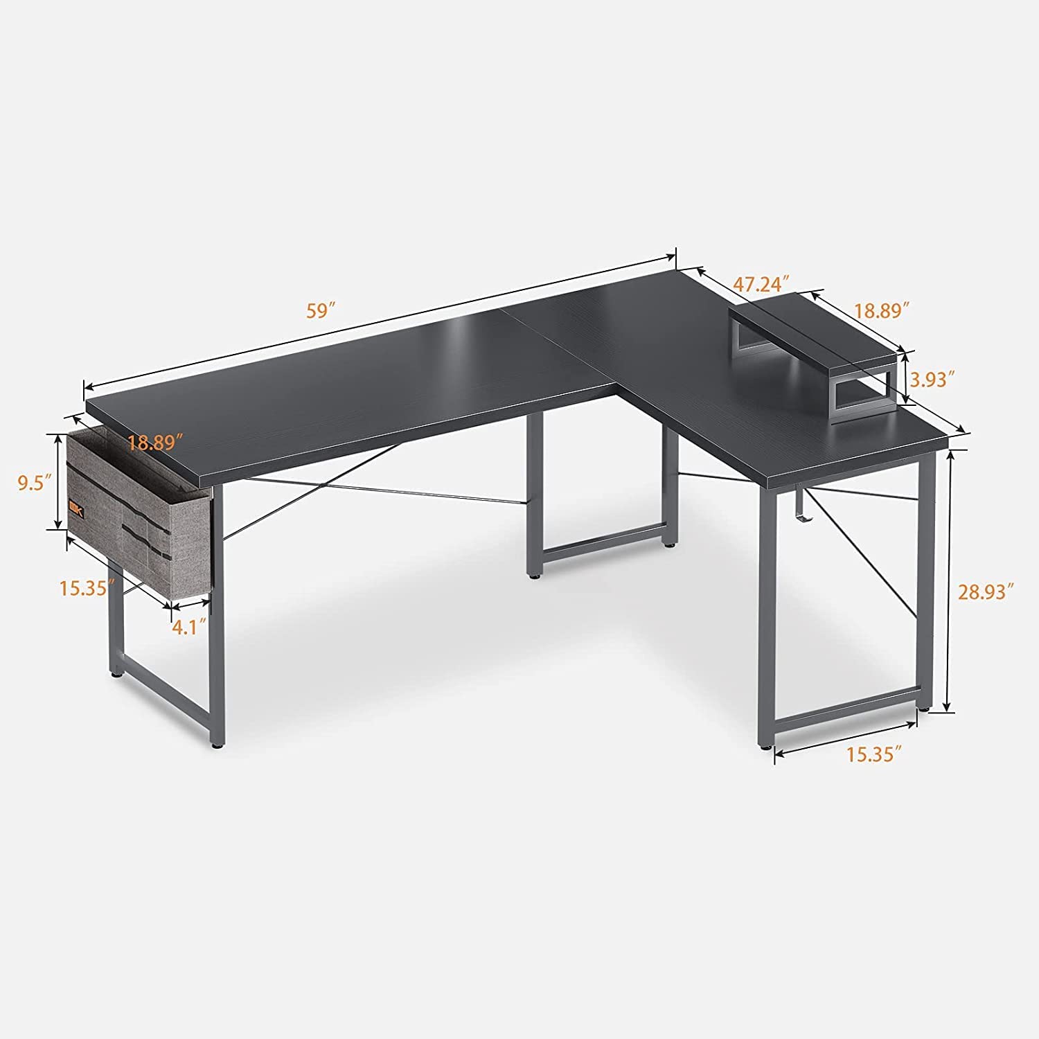ODK L Shaped 66" Corner Desk, Computer Gaming Home Office Writing Desk with Monitor Shelf, Space-Saving Workstation Modern Simple Wooden Desk, Easy to Assemble, Black