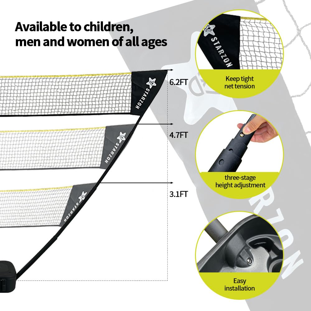 Starzon Tennis Badminton Net Full-Set, Portable Net(9.8ft x 6.2Ft), 2Rackets, 2Nylon Shuttlecocks, Net Case All Included - Pickleball, Kids Volleyball - Complete Outdoor Badminton Kit