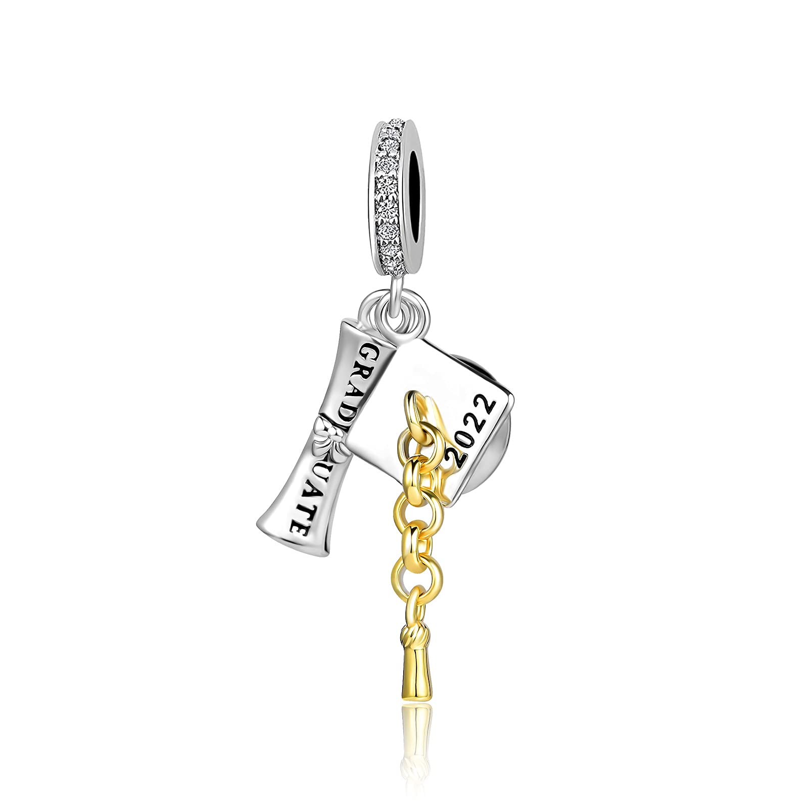 QeenseKc Graduation 2022 Charm Graduate Hat Cap &Scroll Beads for Pandora Charms Bracelet Necklace Golden