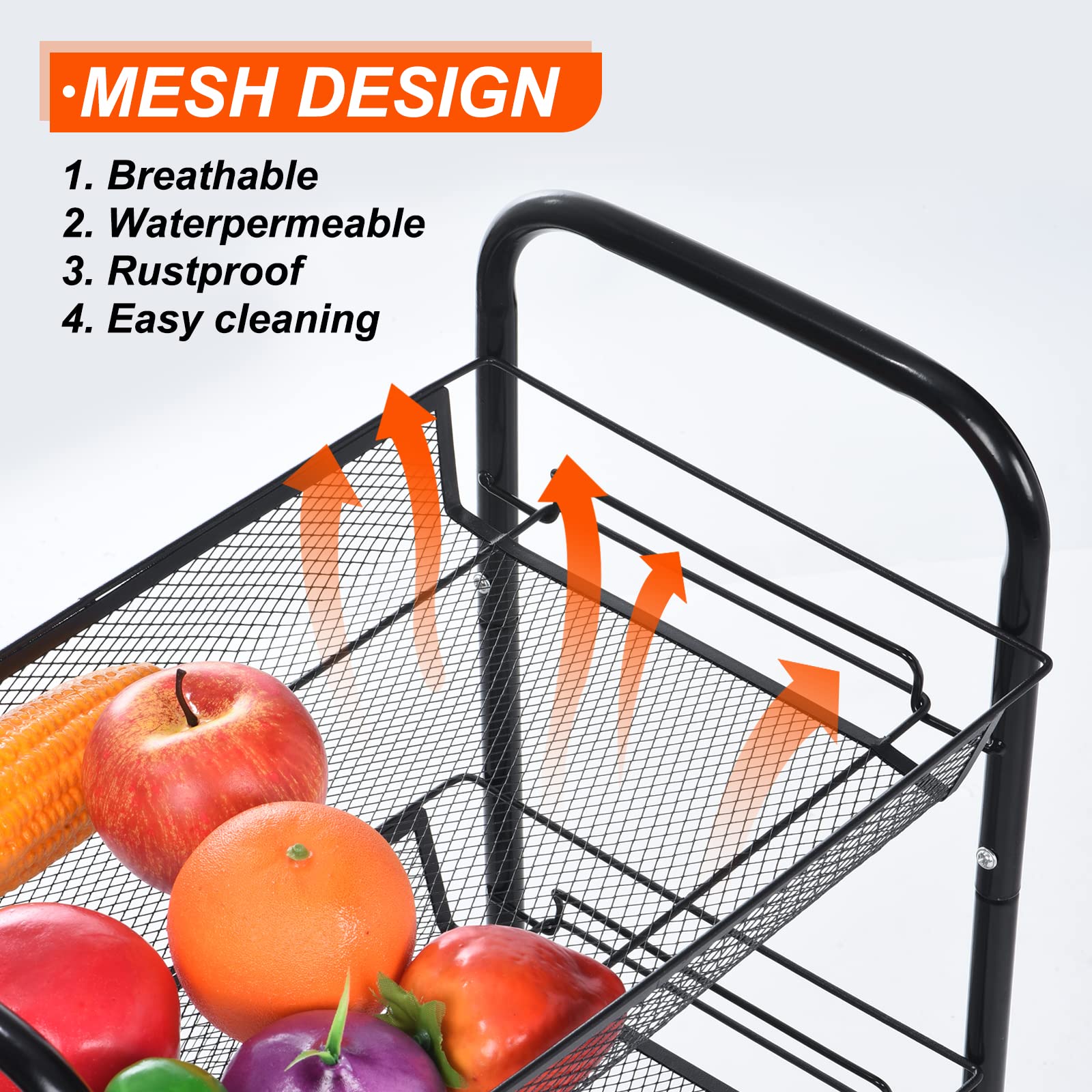 PATIKIL 4 Tier Rolling Cart, Metal Mesh Trolley Utility Storage Organizer Cart with Hooks Wheels for Bathroom Office, Black