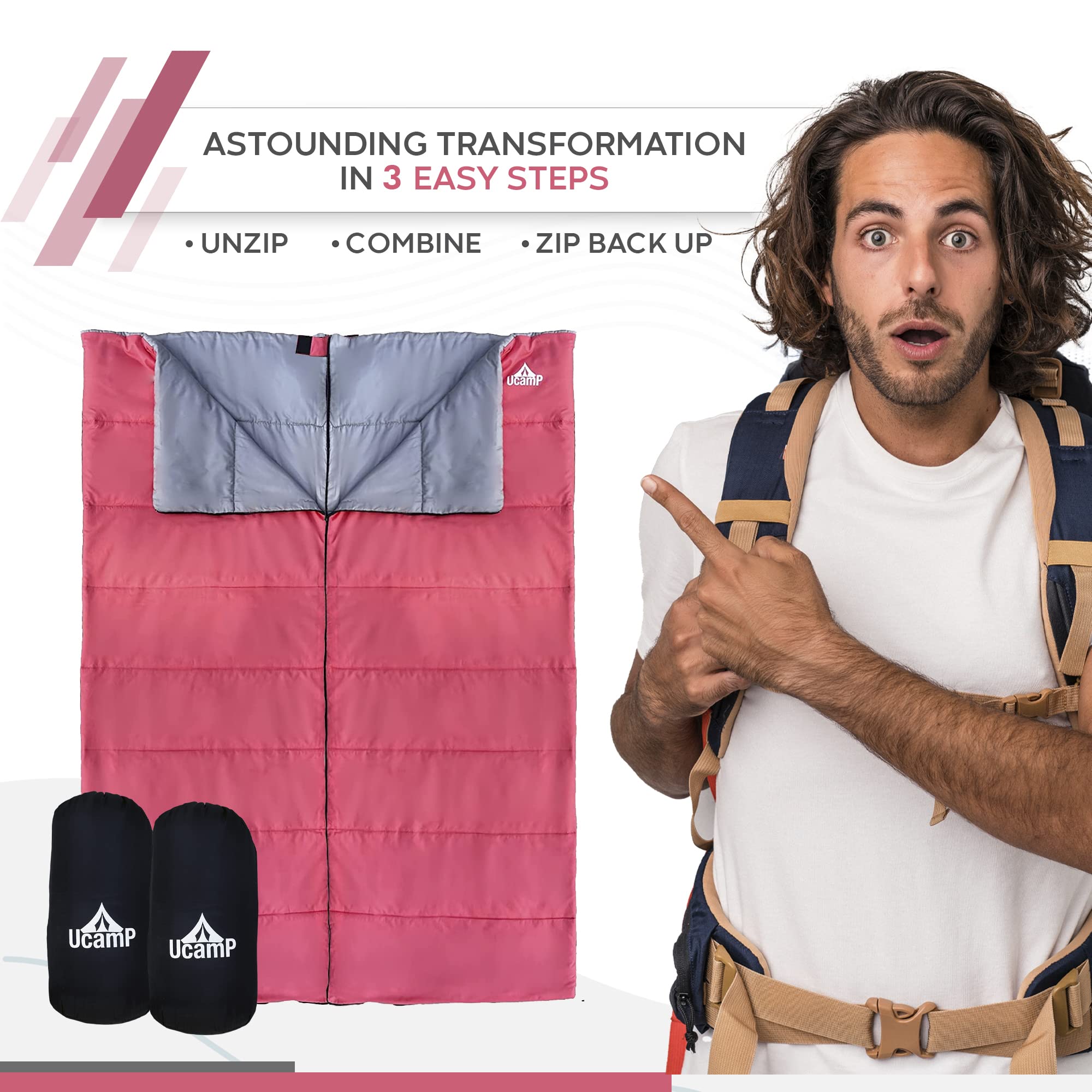 UCAMP Camping Sleeping Bag – 74.8 x 30 Inch Backpacking Sleeping Bag Camping Gear – Warm Weather Waterproof Sleeping Bag – Comfortable and Lightweight – 2 Way Reverse Zippers