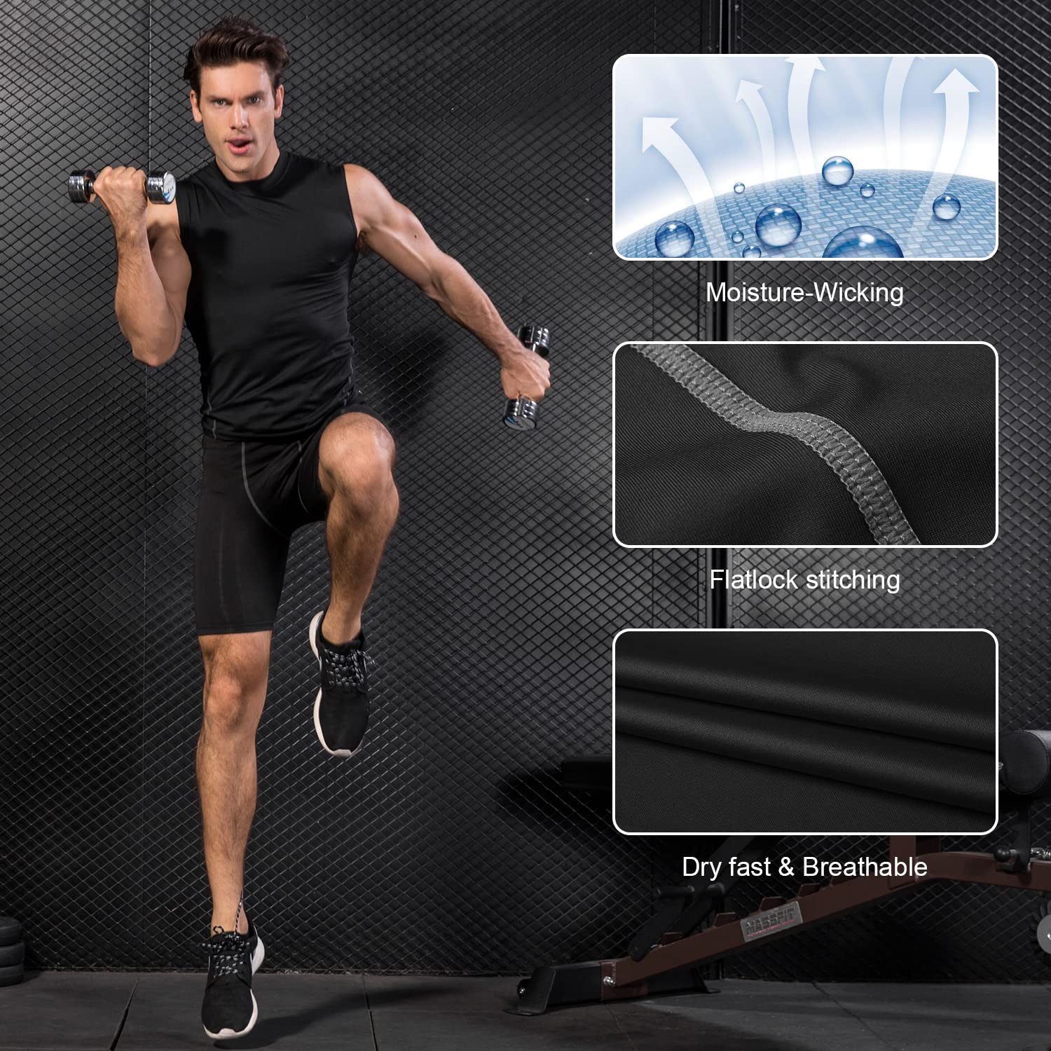 Odoland 5 Pack Mens Dry Fit Tank Tops, Compression Sleeveless shirts, Athletic Workout Muscle Gym Undershirts, Black/Black/White/White/White, XL