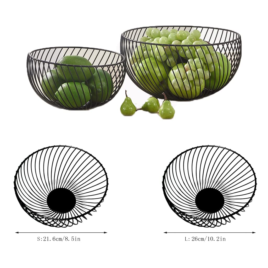 vocheer Metal Wire Fruit Basket, 2 Pcs Round Black Metal Bowl Vegetable Holder Decorative Stand for Bread, Snacks, Households Items Storage