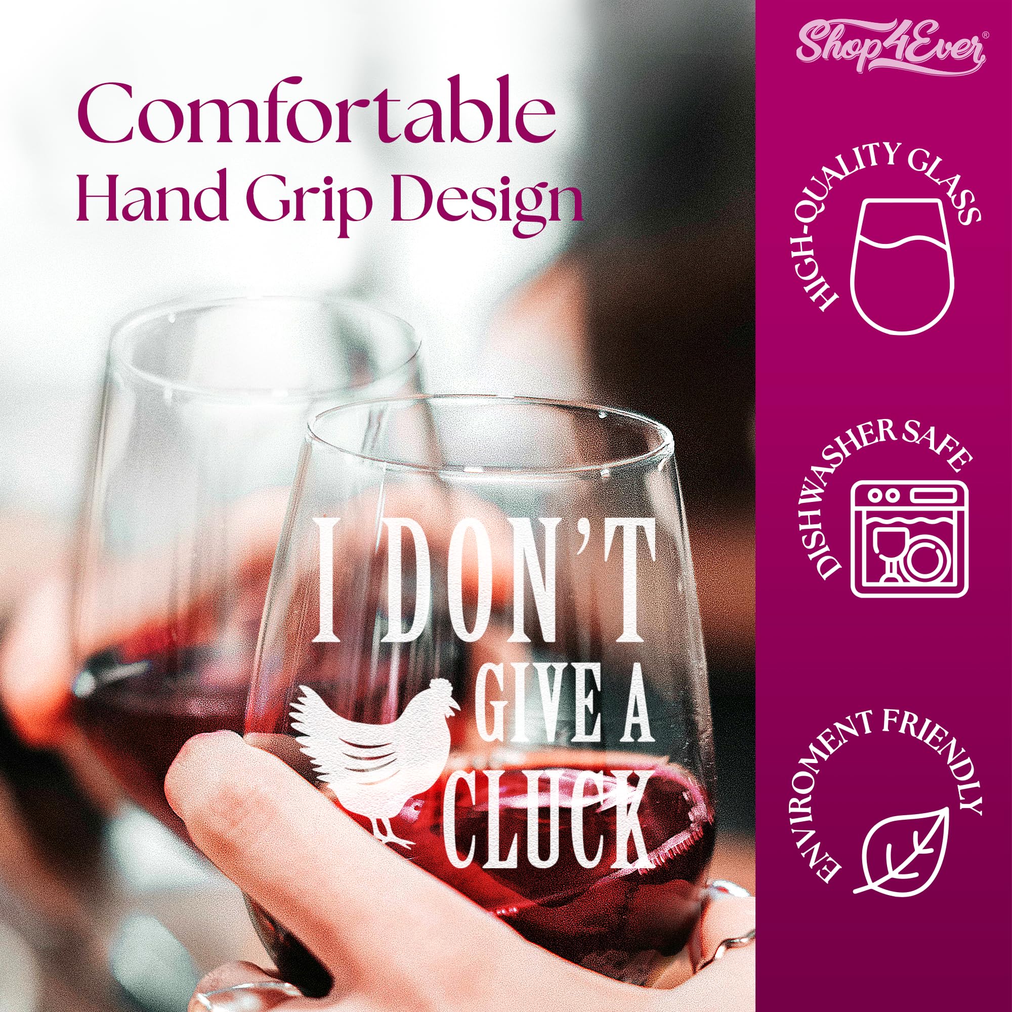 shop4ever I Don't Give A Cluck Funny Chicken Laser Engraved Stemless Wine Glass 15 oz. Gifts for Animal Farm Lovers
