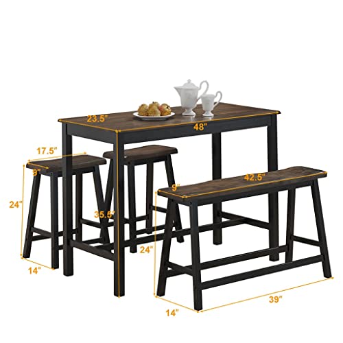 MJWDP 4 Piece Solid Wood Counter Height Table Set with Height Bench and Two Saddle Stools