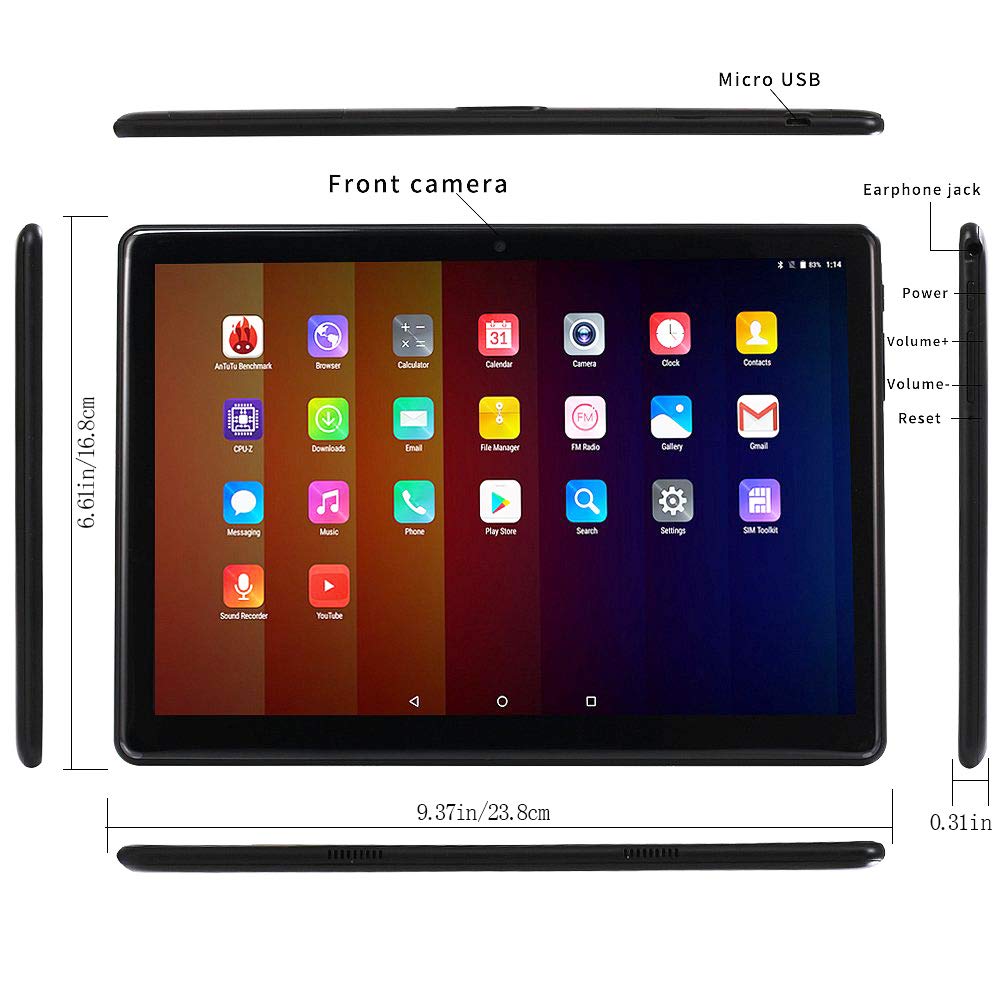 Tablet 10 Inch 2.5D Tempered Glass HD Display Dual SIM Card Slot Tablet ,Android 6.0,Quad Core Processor with Dual Camera /WiFi/Bluetooth/GPS (Black)