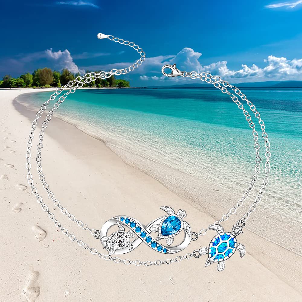 Turtle Anklet Blue Opal Sea Turtle Ankle Bracelets for Women Sterling Silver Infinity Wave Ocean Beach Summer Foot Bracelet Jewelry Layered Adjustable