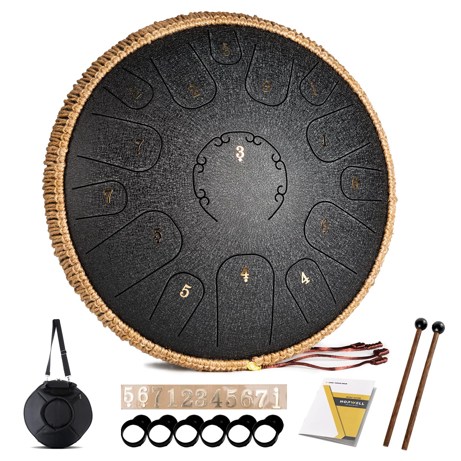 Steel Tongue Drum - HOPWELL 14 Inches 15 Notes - Percussion Instruments - Hand Pan Drums with Music Book, Drum Mallets and Carry Bag, C Major (Black)