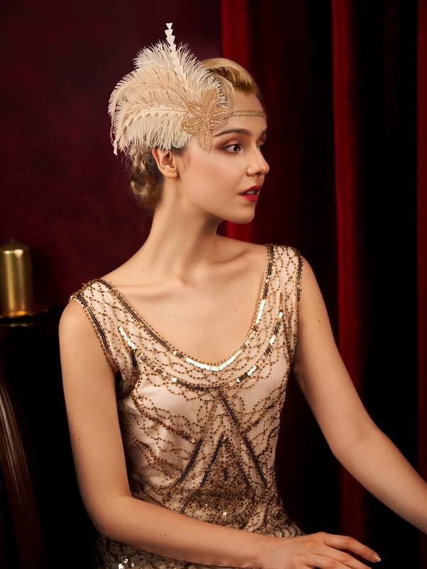 SWEETV 1920s Flapper Headband, Rhinestone Feather Roaring 20s Great Gatsby Headpiece Hair Accessories for Women,Black