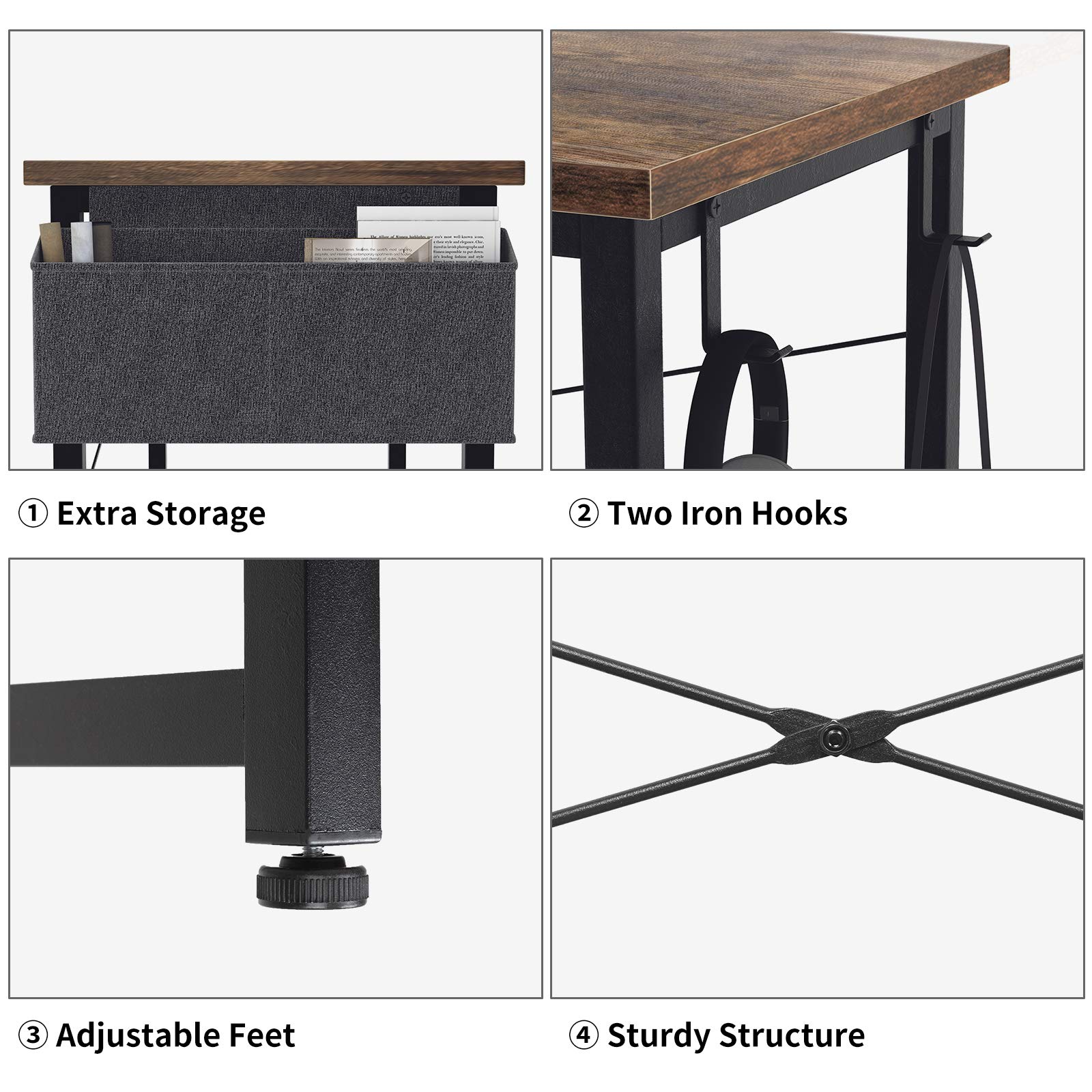 REAHOME Computer Desks 47 inch for Home Office Writing Table Bedroom Desks with Storage Bag and Iron Hook Modern Simple Style for Small Spaces（Rustic Brown）