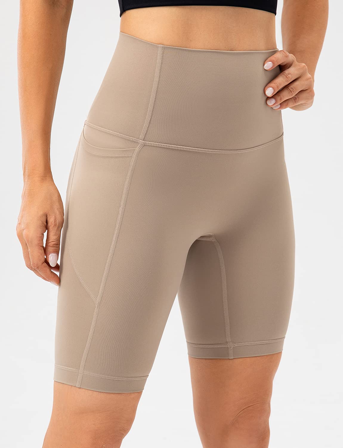 Ukaste Women's Studio Essential High-Rise Yoga Shorts with Pockets 8" - Buttery Soft Workout Active Shorts (Khaki, 6)