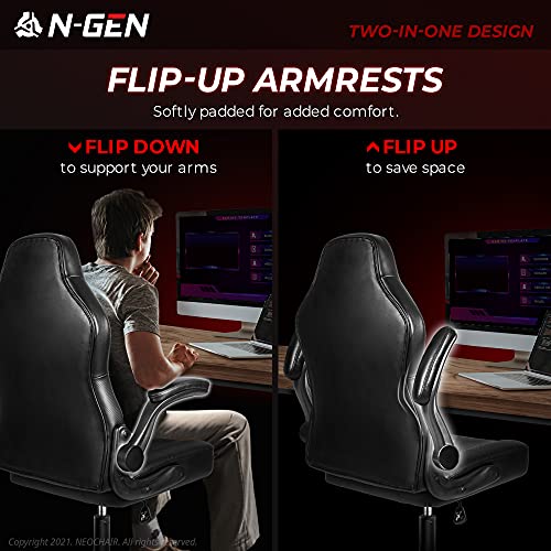 N-GEN Gaming Chair Ergonomic Office PC Desk with Lumbar Support Flip Up Arms Levelled Seat Style Headrest PU Leather Executive High Back Computer for Adults Women Men (4. Black)