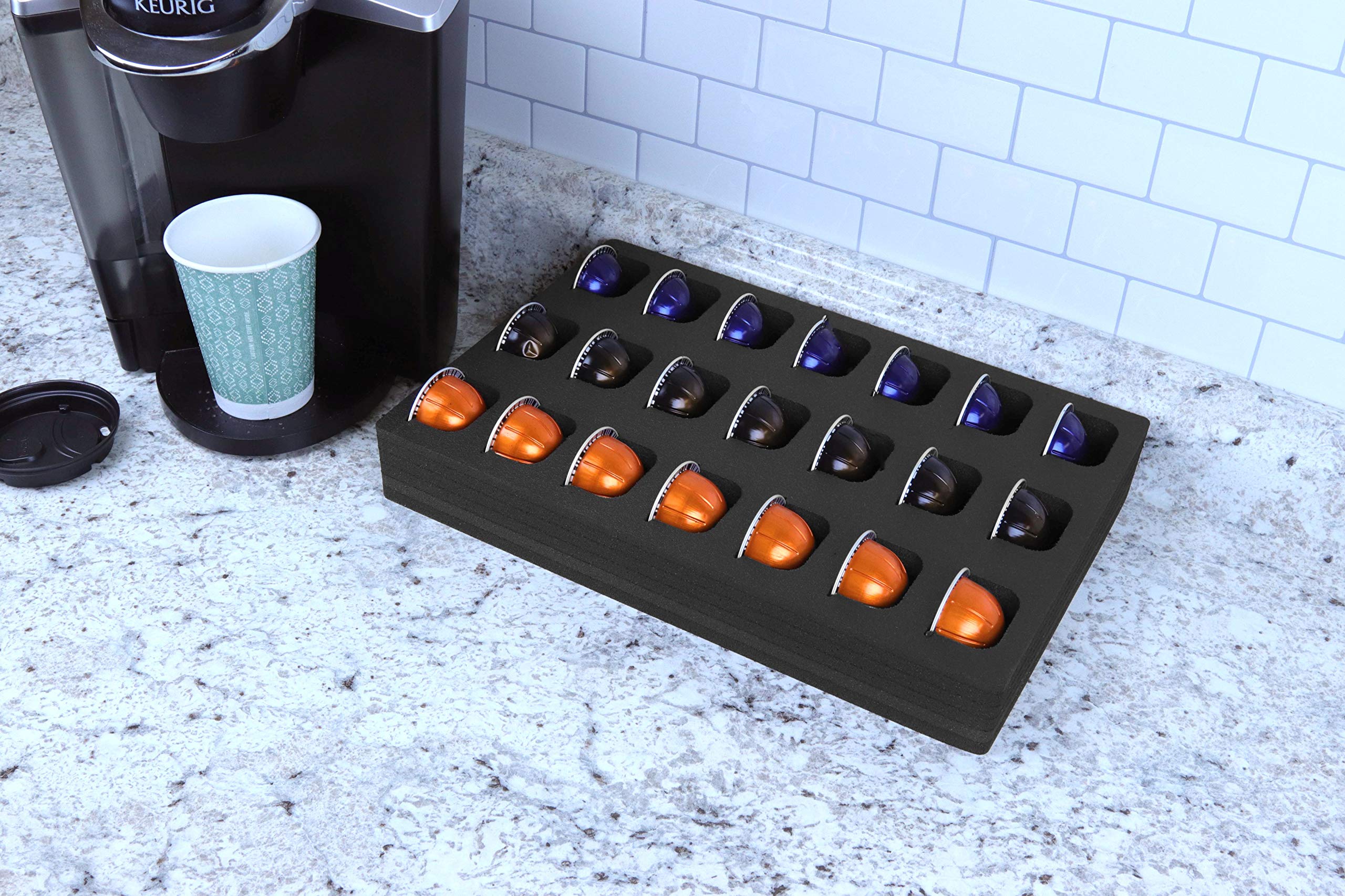Polar Whale 2 Coffee Espresso Capsule Drawer Organizer Tray Inserts Compatible with Nespresso Vertuo VertuoLine Kitchen Home Office Waterproof Washable Black Foam 21 Compartment 10.9 x 14.9 Inches