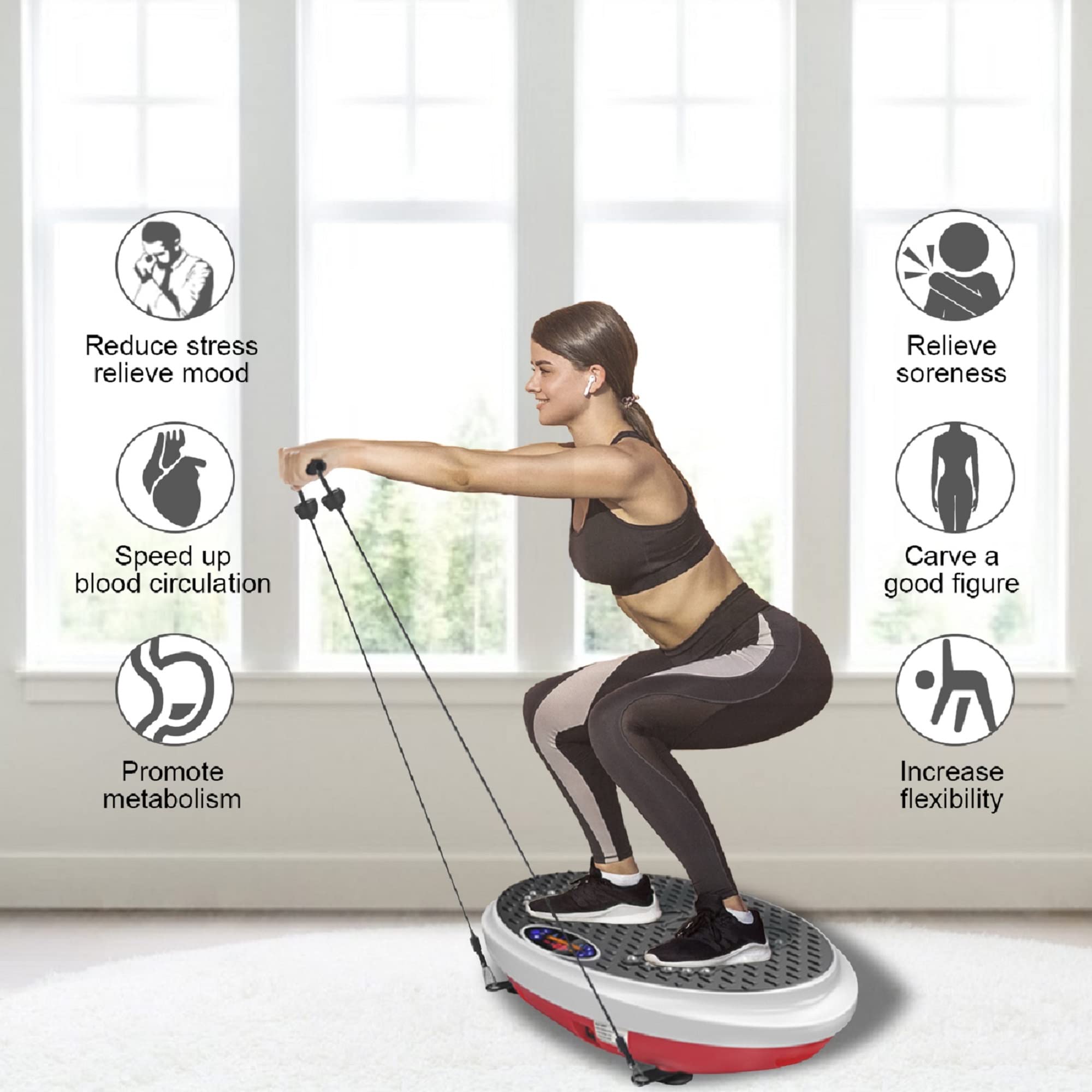 Real Relax Vibration Plate Exercise Machine Whole Body Workout for Home Strenuous Exercise for Weight Loss & Toning with Resistance Band, Remote Control and Support 330Ibs, Red & White